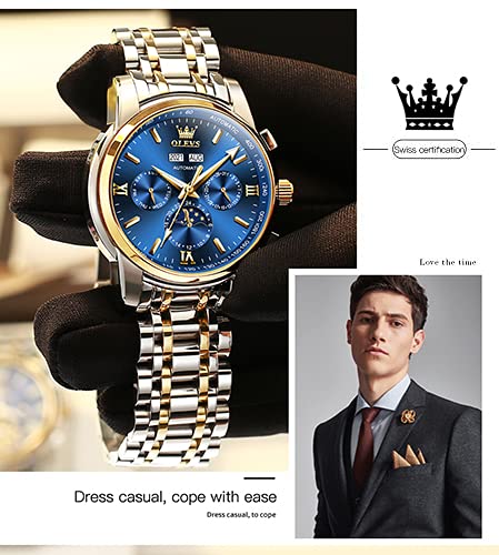 OLEVS Automatic Men Watch Self Winding Mechanical Luxury Dress Moon Phase Stainless Steel Blue Face Waterproof Luminous Calendar Wrist Watch