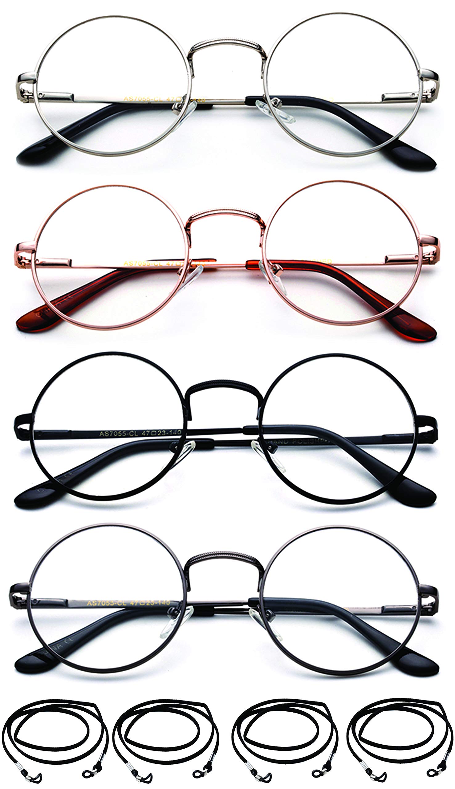 Newbee Fashion 4 Packs Round Reading Glasses with Lanyards Metal Frame Slim Rim Spring Hinge Circle Frame Vintage Reading Glasses +2.50