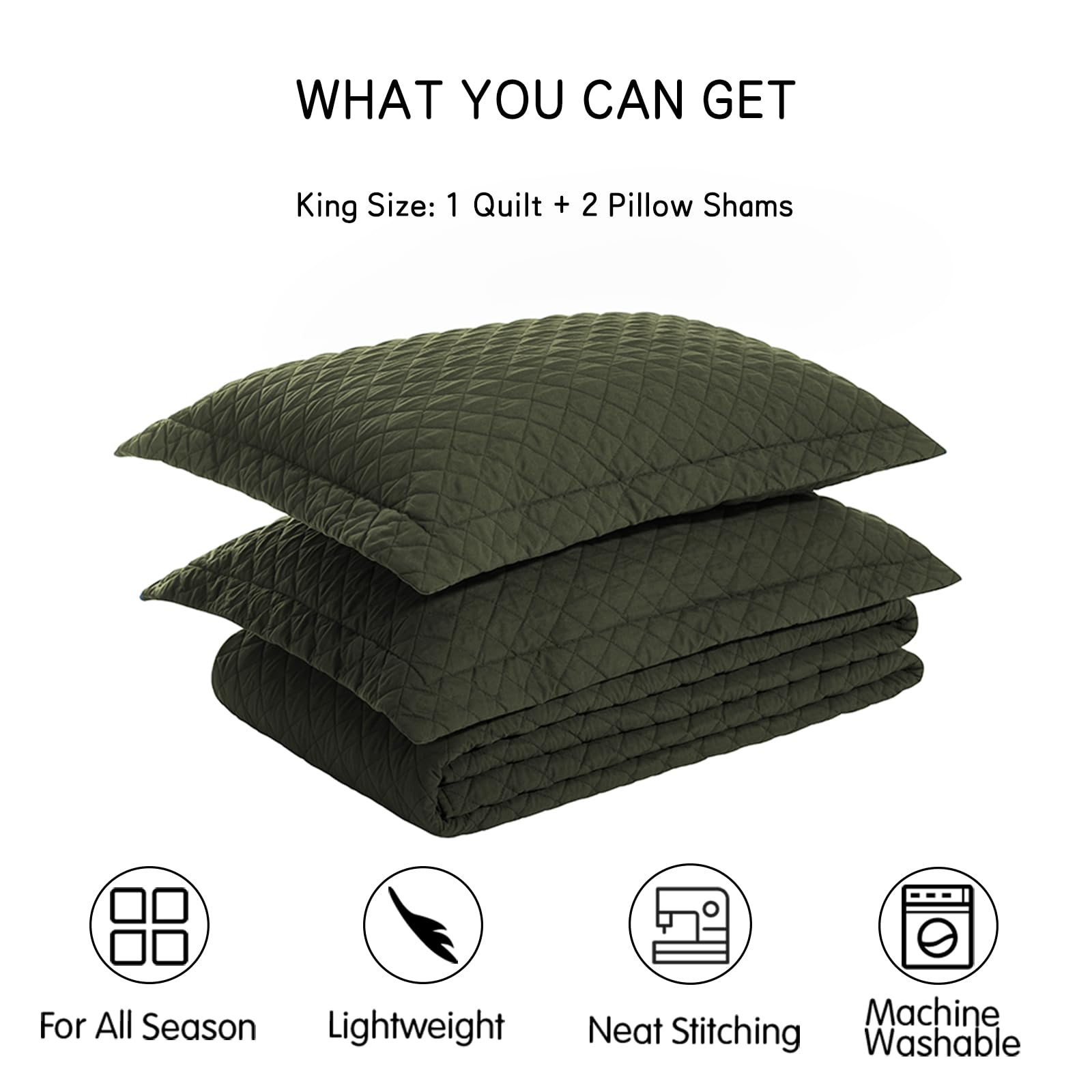 SunStyle Home Quilt Set King Olive Green Lightweight Bedspread Soft Reversible Coverlet for All Season 3pcs Army Green Diamond Quilted Bedding Sets (1 Quilt 2 Pillow Shams)(106"x96")