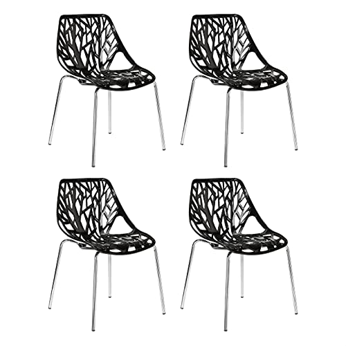 CangLong Modern Mid Century Plastic Shell Hollow Matal Legs Dining Chairs, set of 4, Black