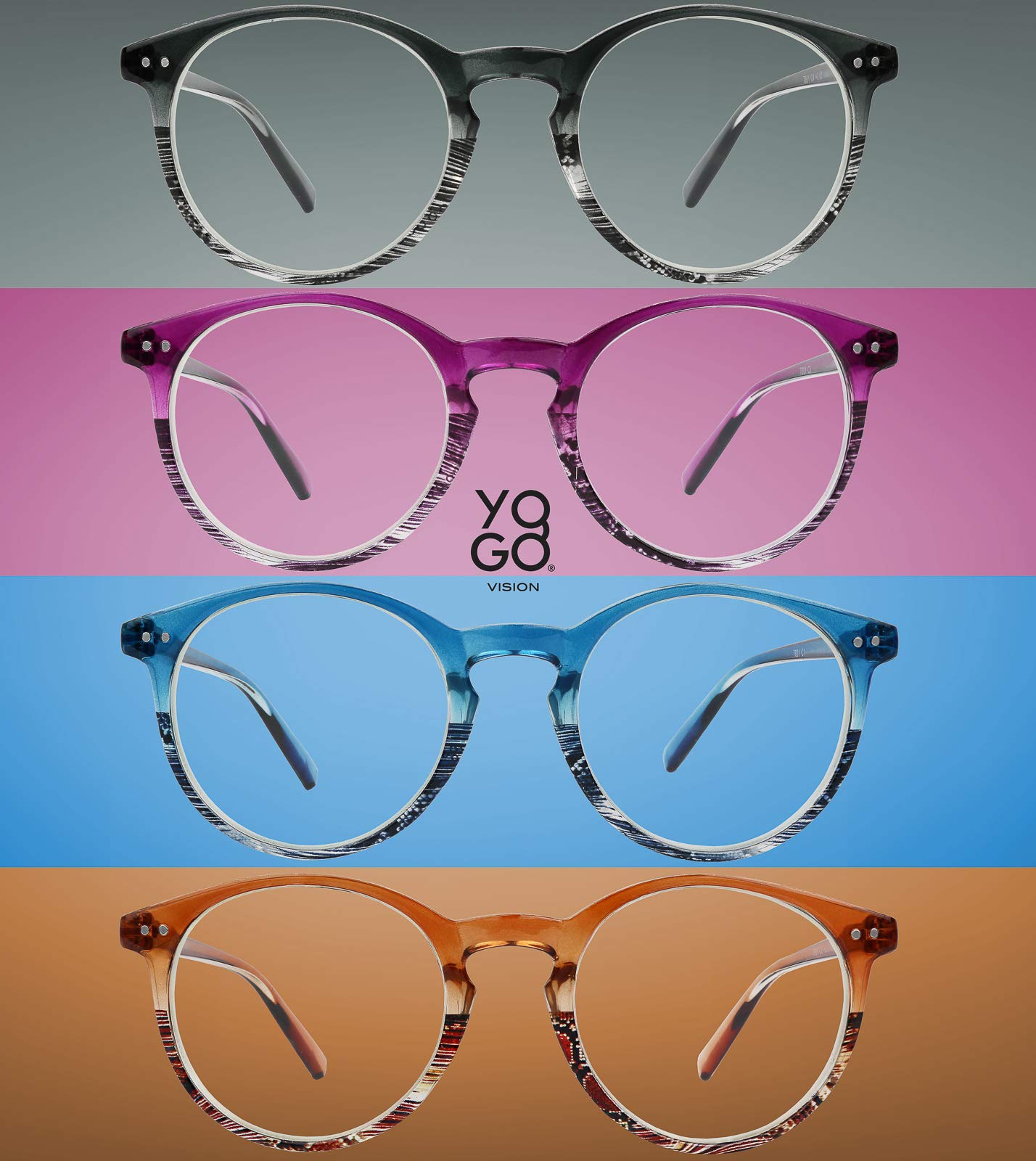 Yogo Vision Reading Glasses for Women Men Blue Light Blocking Reading Glasses Round Readers Transparent Blue, Transparent Brown, Transparent Purple, Black 2.75