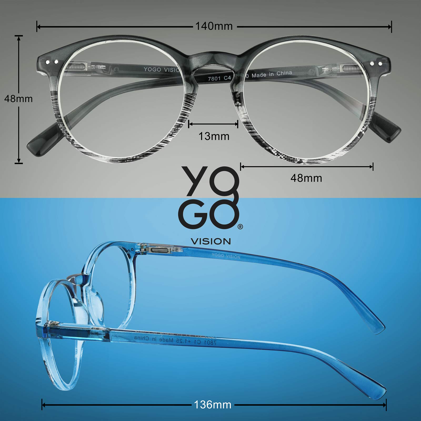 Yogo Vision Reading Glasses for Women Men Blue Light Blocking Reading Glasses Round Readers Transparent Blue, Transparent Brown, Transparent Purple, Black 2.75