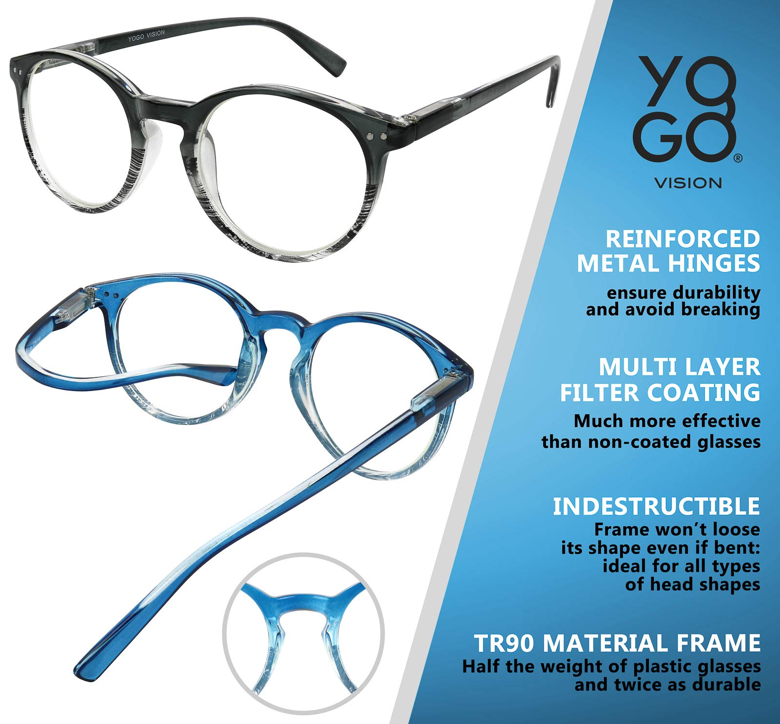 Yogo Vision Reading Glasses for Women Men Blue Light Blocking Reading Glasses Round Readers Transparent Blue, Transparent Brown, Transparent Purple, Black 2.75