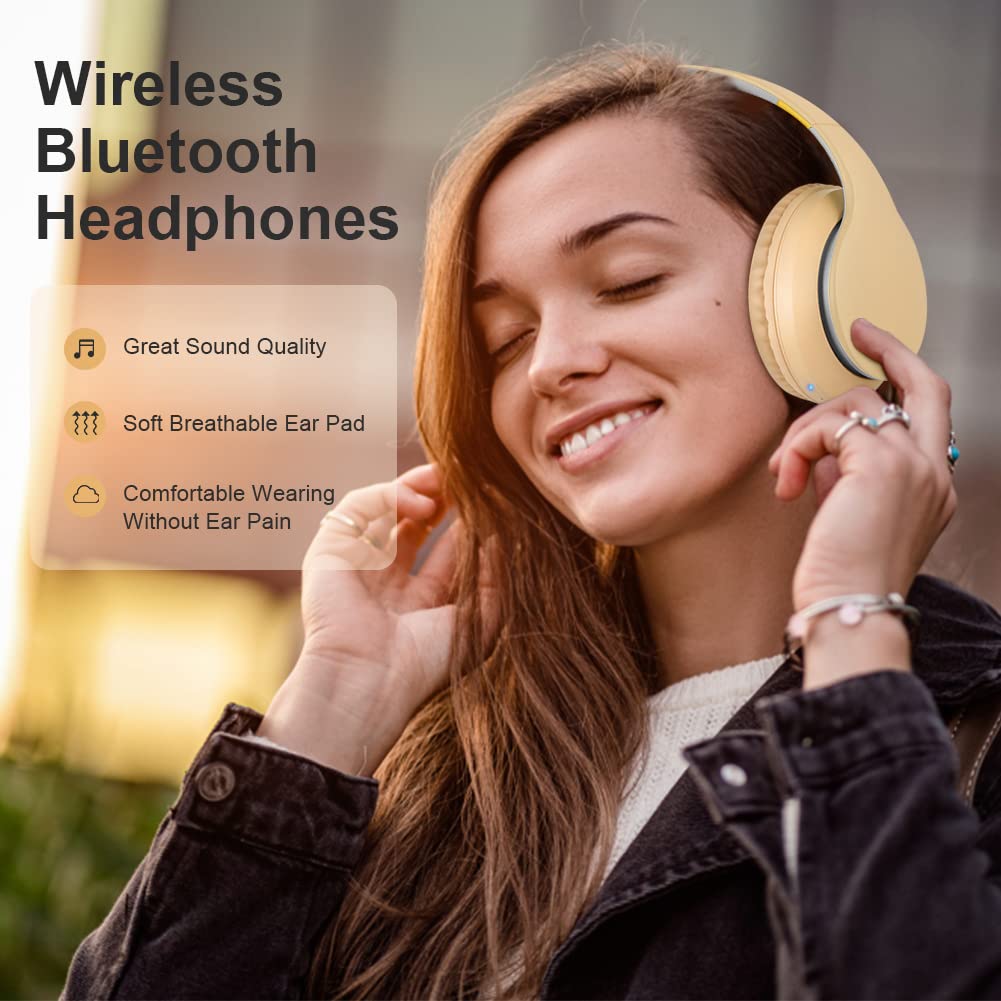 esonstyle Bluetooth Headphones Over Ear Foldable Wireless and Wired Stereo Headset with Mic Soft Earmuffs Light Weight for Phone TV PC Online Class Home Office (Apricot)