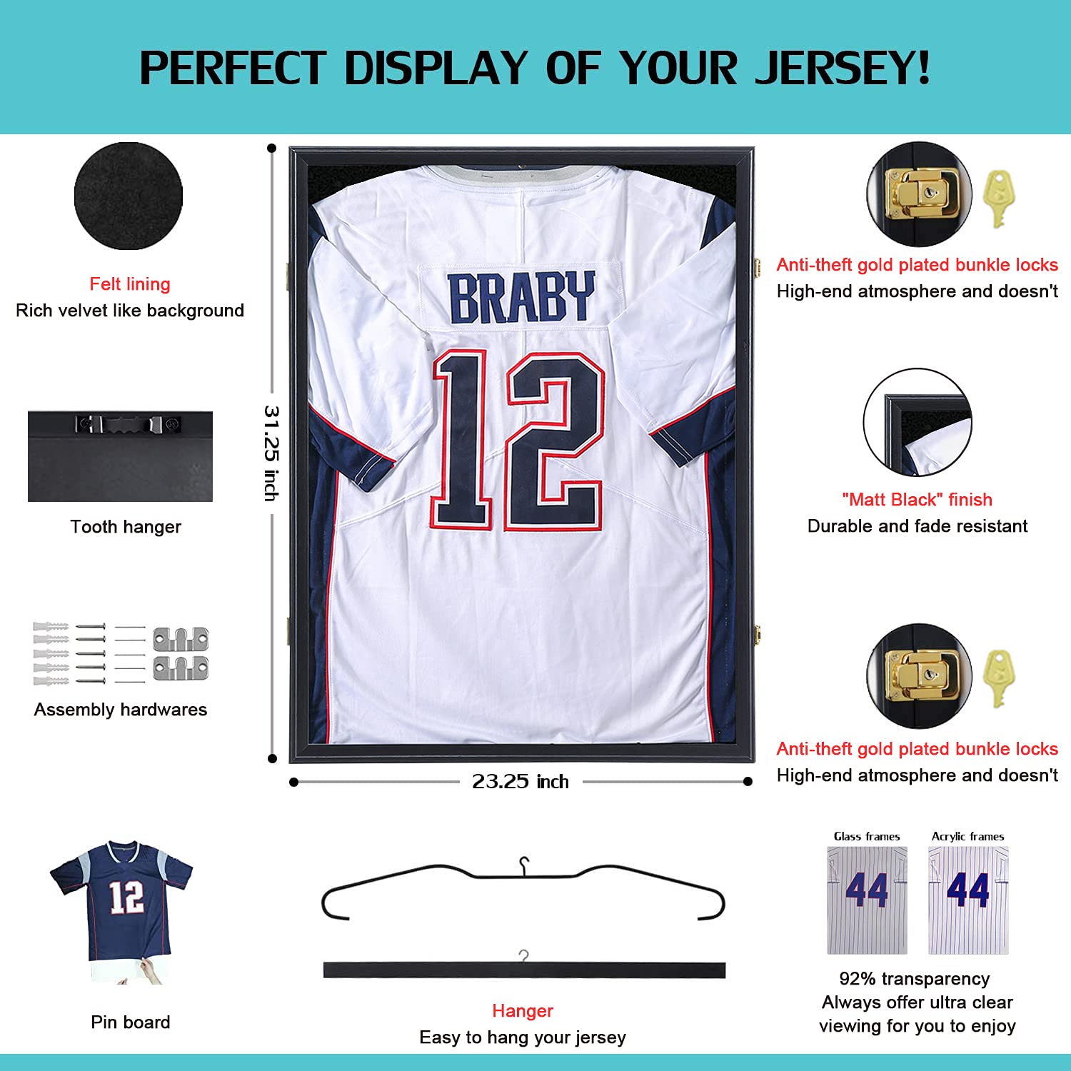 KCRasan Jersey Display Frame Case - Large Lockable Frames Shadow Box with UV Protection for Baseball Basketball Football Soccer Hockey Sport Shirt Matte Black Finish