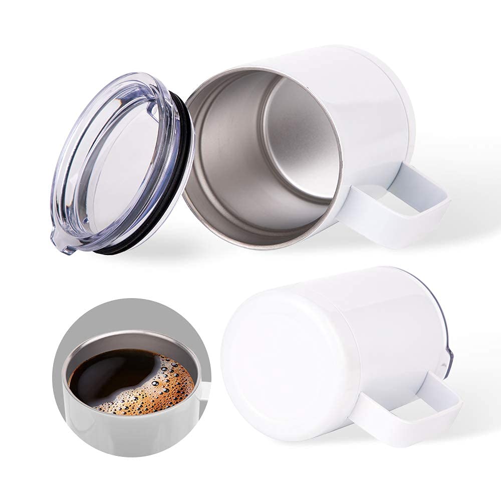 PYD Life Sublimation Coffee Mugs 10 OZ White Blanks Stainless Steel Double Wall Tumbler with Handle and Lid for Mug Tumbler Press Machine Sublimation Print 4 Pack
