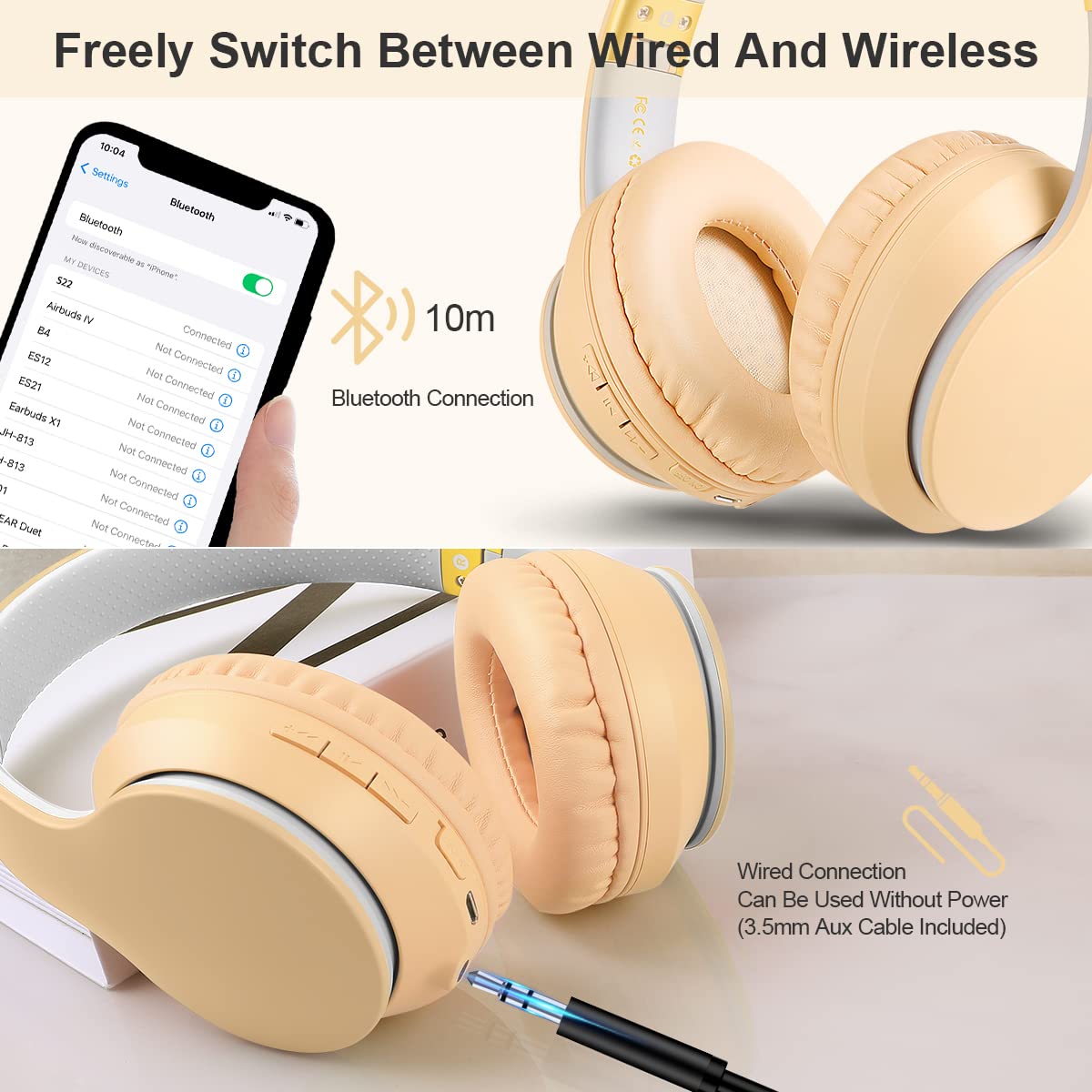 esonstyle Bluetooth Headphones Over Ear Foldable Wireless and Wired Stereo Headset with Mic Soft Earmuffs Light Weight for Phone TV PC Online Class Home Office (Apricot)