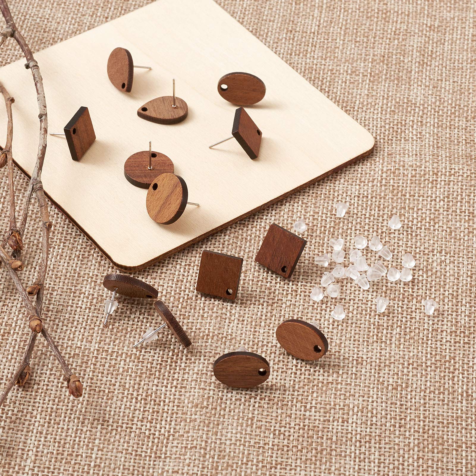 FASHEWELRY 16Pcs Wood Post Stud Earrings with Loop Teardrop Rhombus Flat Round Oval Shape Stud Earring Findings with Safety Earring Backs for Women Dangle Earring Jewelry Making