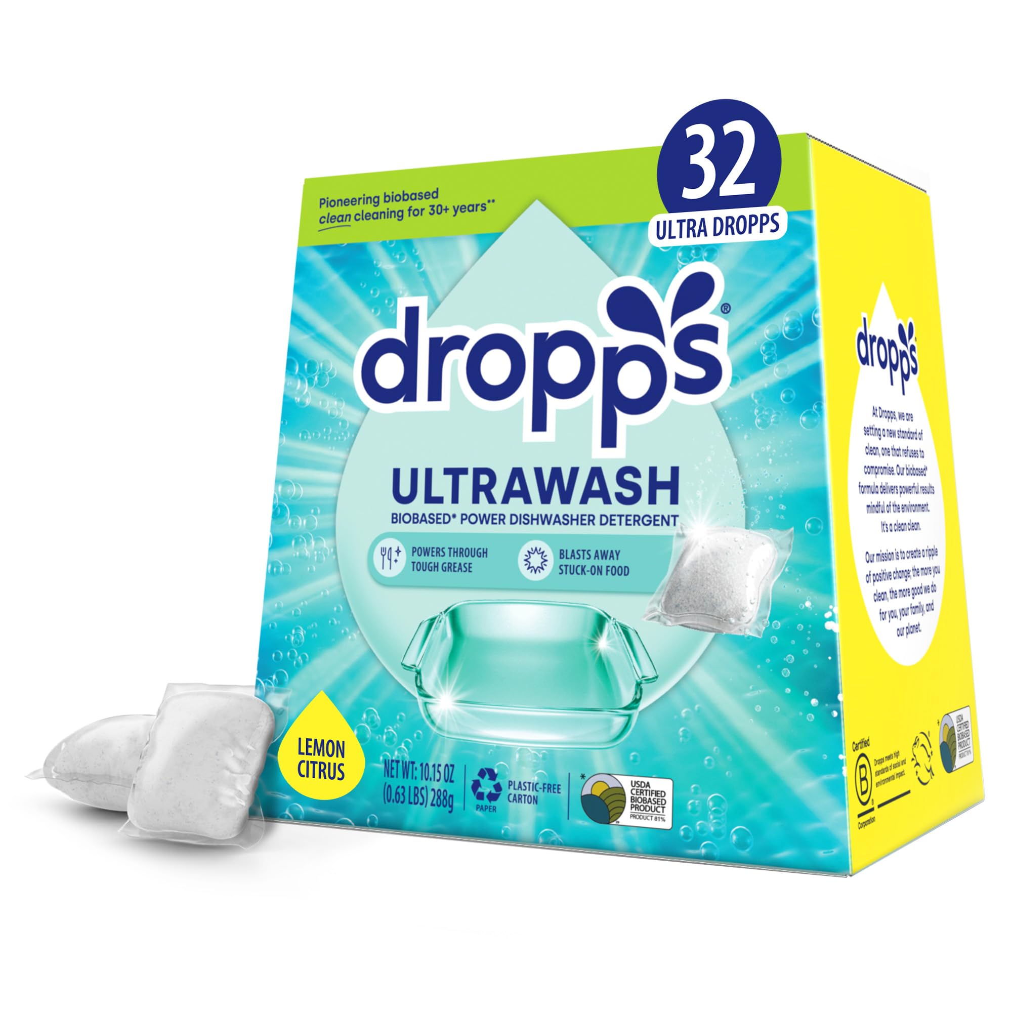 Dropps UltraWash Dishwasher Pods, Lemon Citrus (32 Count) - Biobased Power Deep Clean Dishwasher Detergent Tablets for Sparkling Shiny Dishes - No Rinse Aid or Pre-Wash Needed - Dishwashing Pods