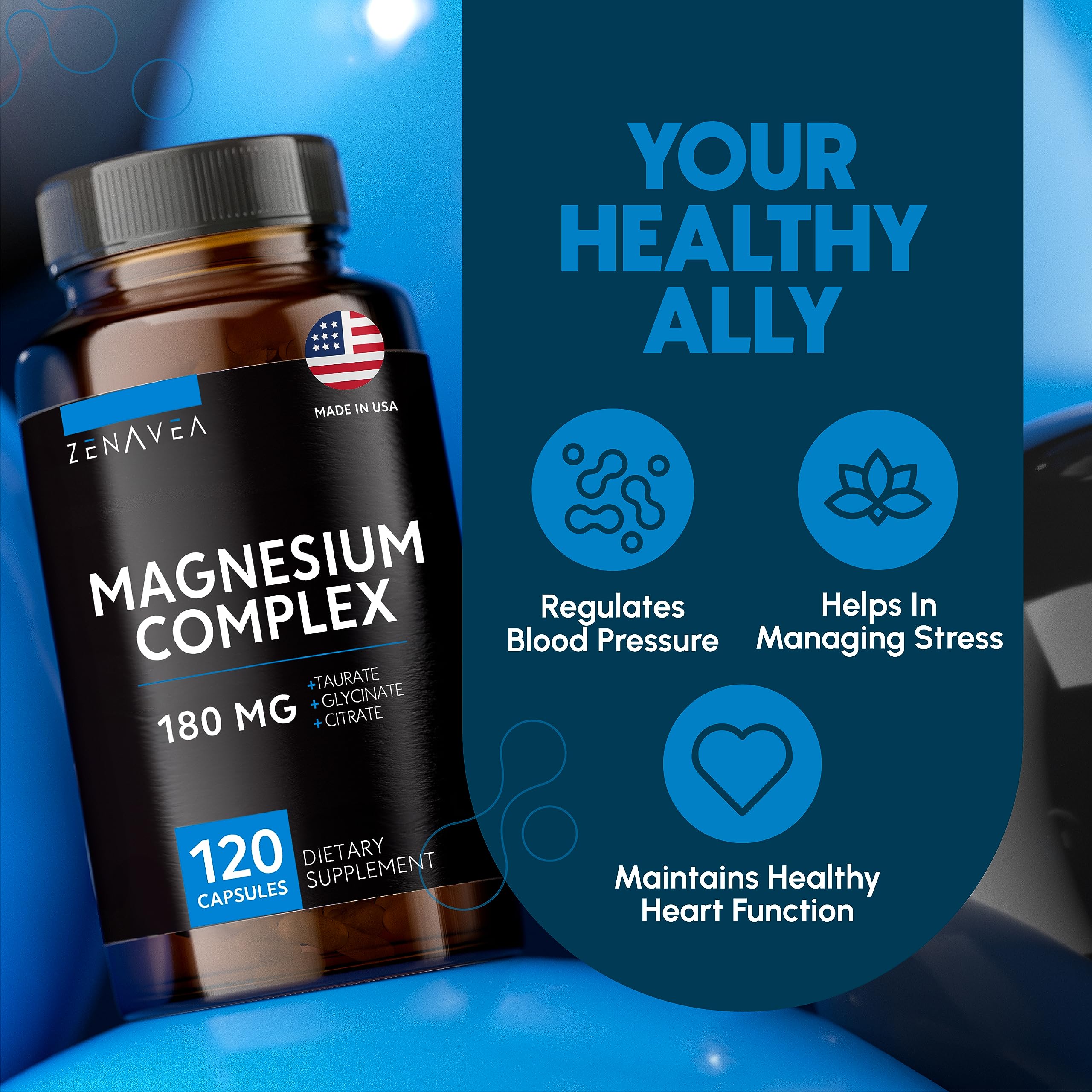 Zenavea - Triple Magnesium Complex Supplement (120 Vegan Capsules) - 180mg of Magnesium Glycinate Taurate and Citrate - Calm Magnesium Complex Supplements