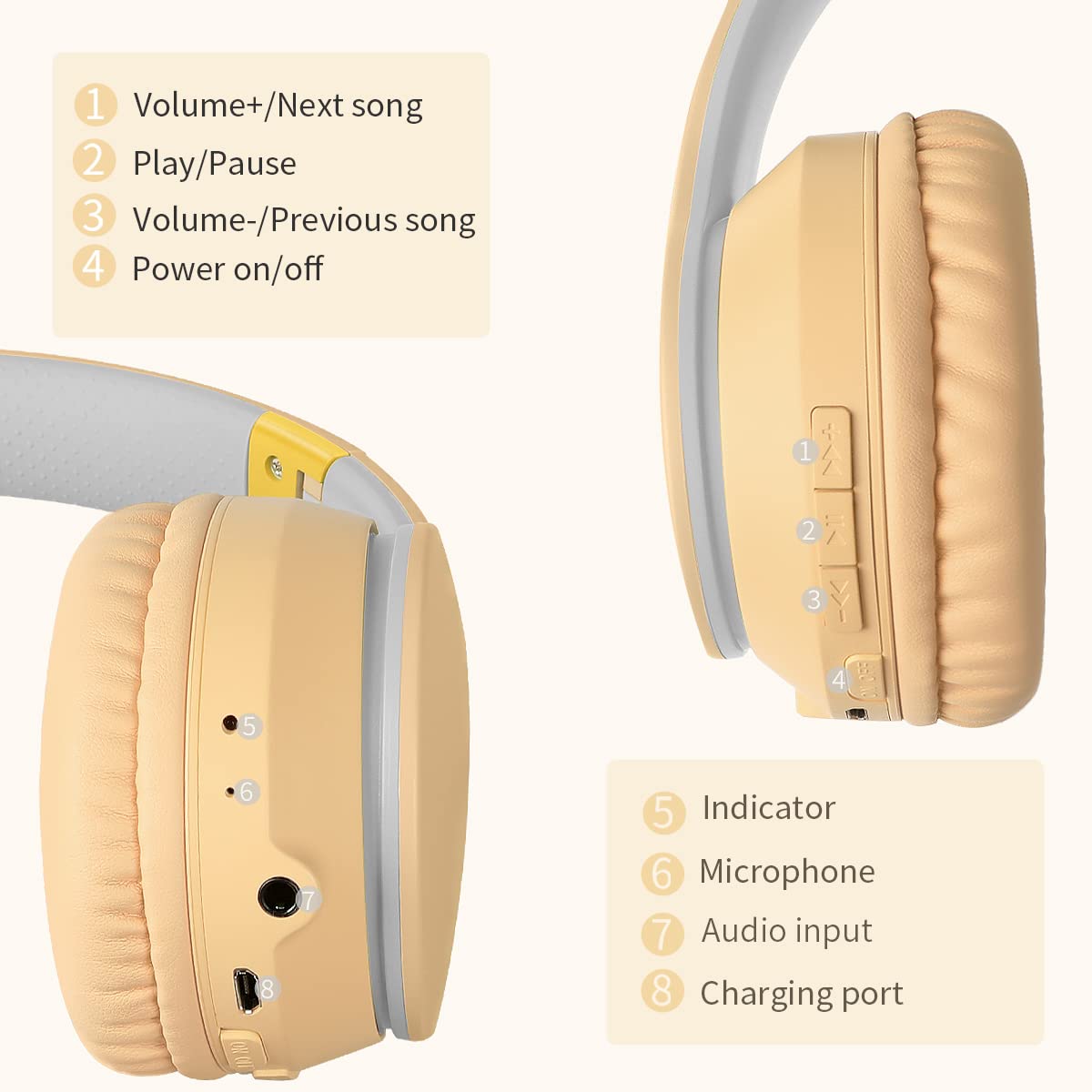 esonstyle Bluetooth Headphones Over Ear Foldable Wireless and Wired Stereo Headset with Mic Soft Earmuffs Light Weight for Phone TV PC Online Class Home Office (Apricot)