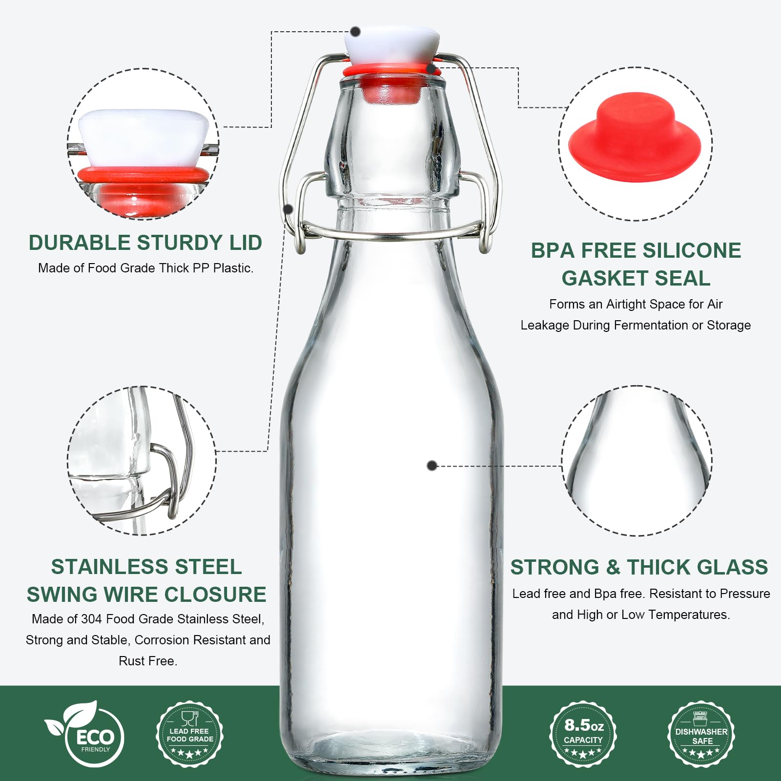 AOZITA 8-Pack 8.5oz Flip Top Glass Bottles, Swing Top Beer Brewing Bottle for 2nd Fermentation, Kombucha, Kefir, Vanilla Extract, Coquito, Juice, Tea - Airtight Stopper Cap Lid, Bonus 2 Bottle Pourers