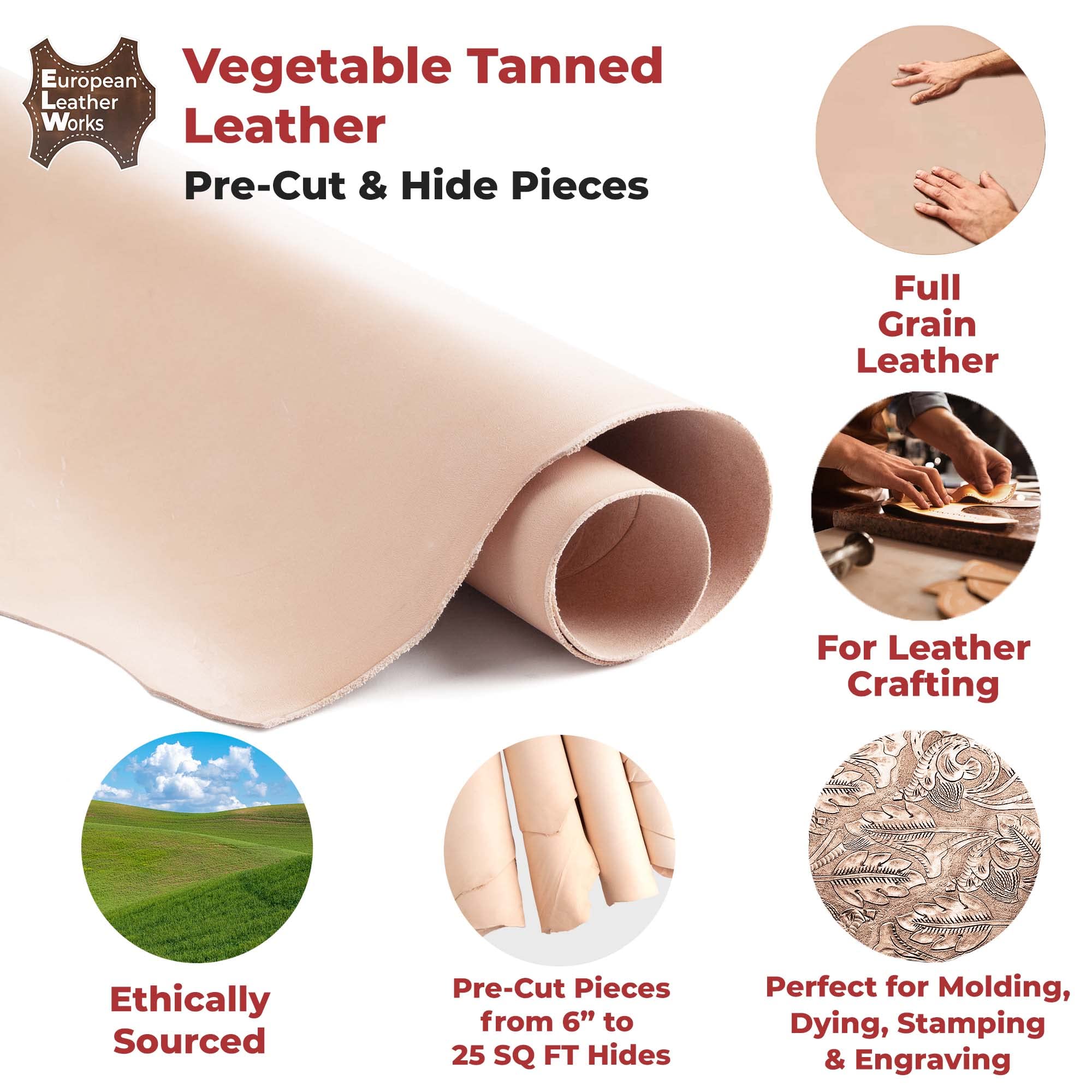 ELW 8-9 oz (3.2-3.6mm) Thickness Weight Pre-Cut 4-6 SQ FT Vegetable Tanned Leather Cowhide Grade AB Full Grain Leather for Tooling, Carving, Engraving, Molding, Embossing, Stamping, & Dyeing