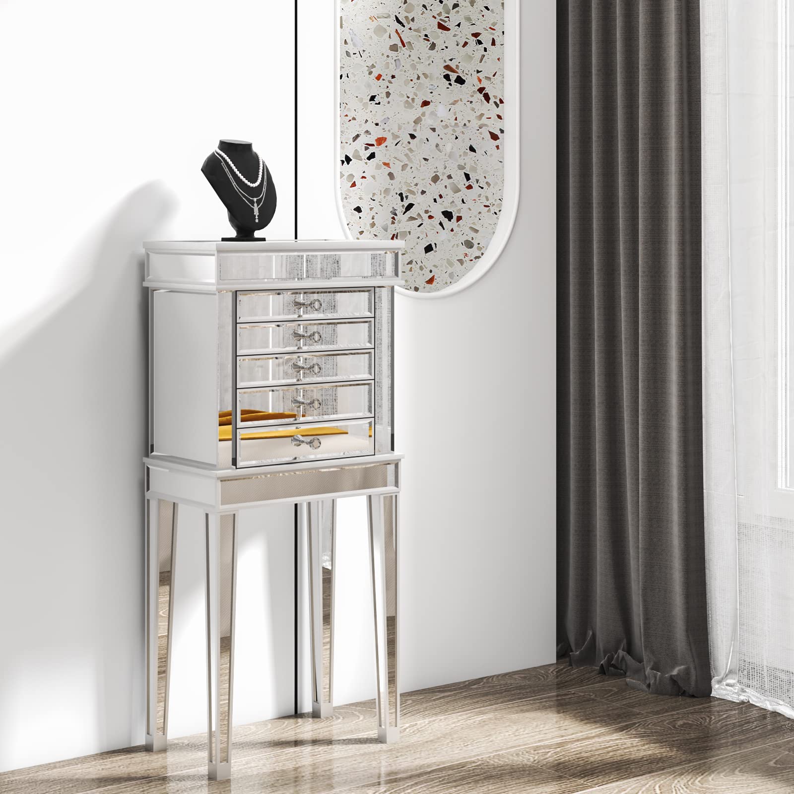 VINGLI Mirrored Jewelry Armoire, Mirror Jewelry Cabinet Standing with 6 Drawers & 2 Side Doors, Jewelry Armoire Cabinet, Standing Jewelry Box, Mirrored Jewelry Chest, Standing Jewelry Box, Silver