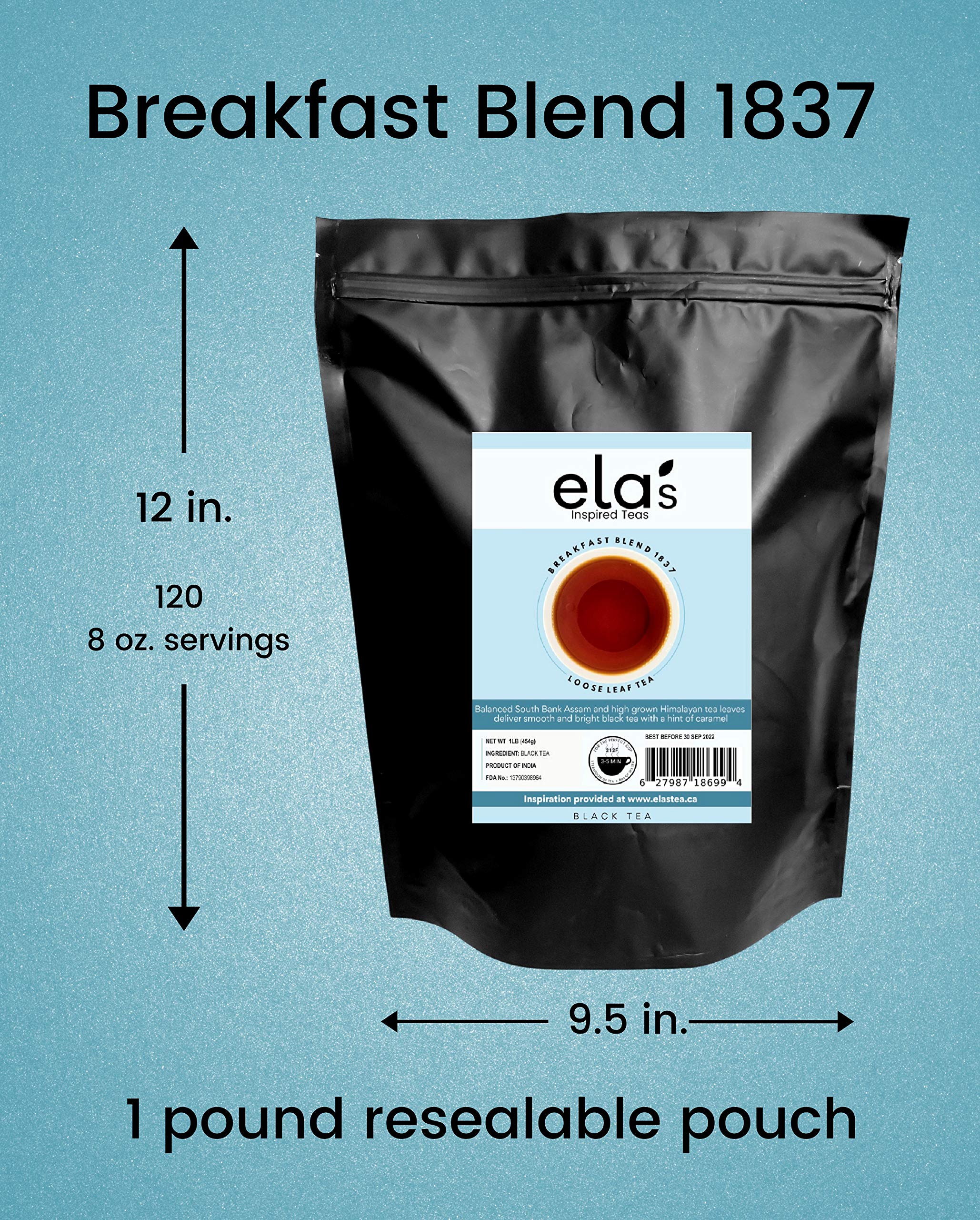 Ela's Tea Breakfast Blend 1837 | 1 Pound of Premium Loose Leaf Black Tea | Darjeeling and Assam Leaves | Hot or Cold Tea with Hints of Caramel and Floral Top Notes | 120 Cups Brewed (1 pound)