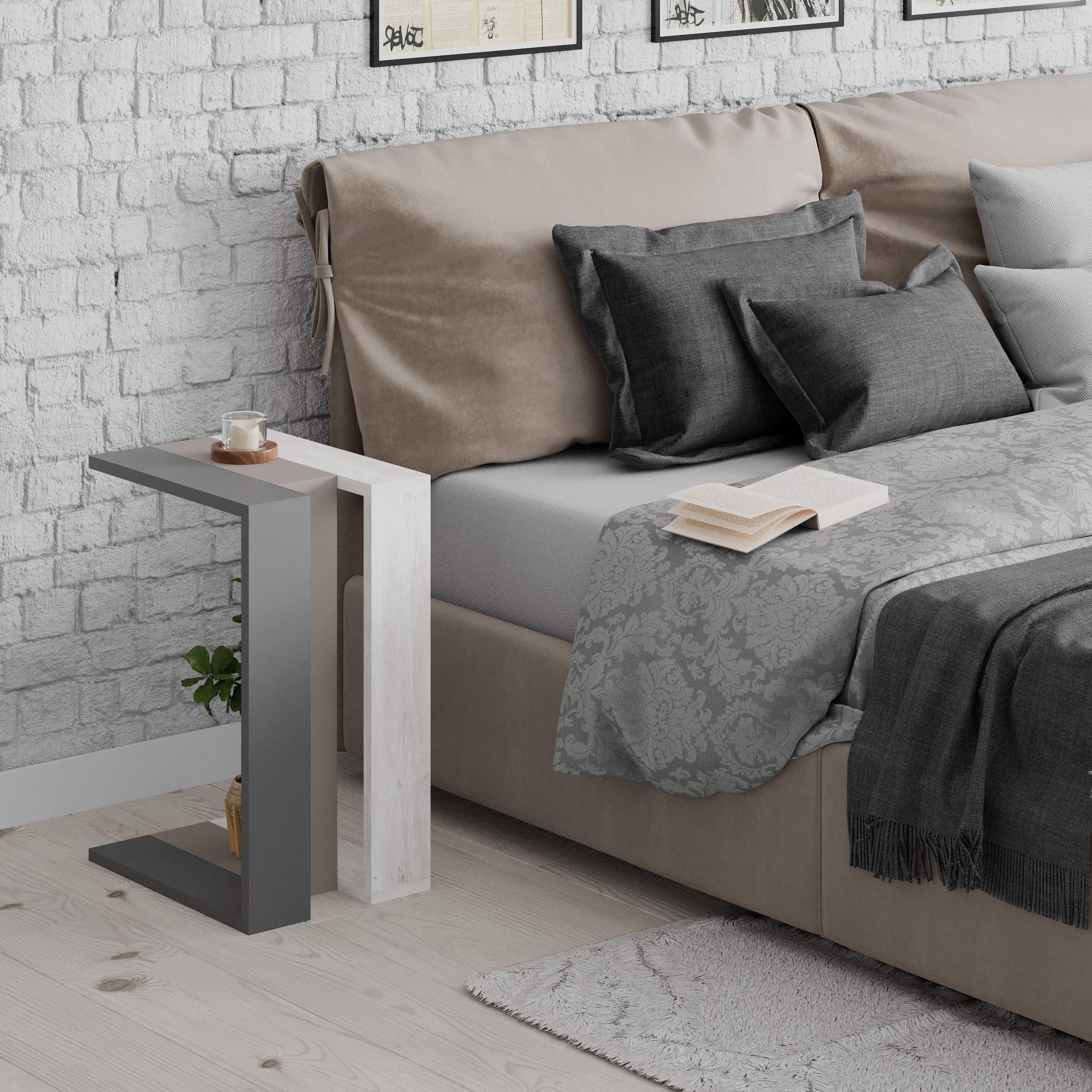 JV Home Muju Collection Modern Side Table | Nightstand Mobile C Table for Sofa Bedside Living Room Bedroom 22 inch Anthracite - Light Mocha - Ancient White