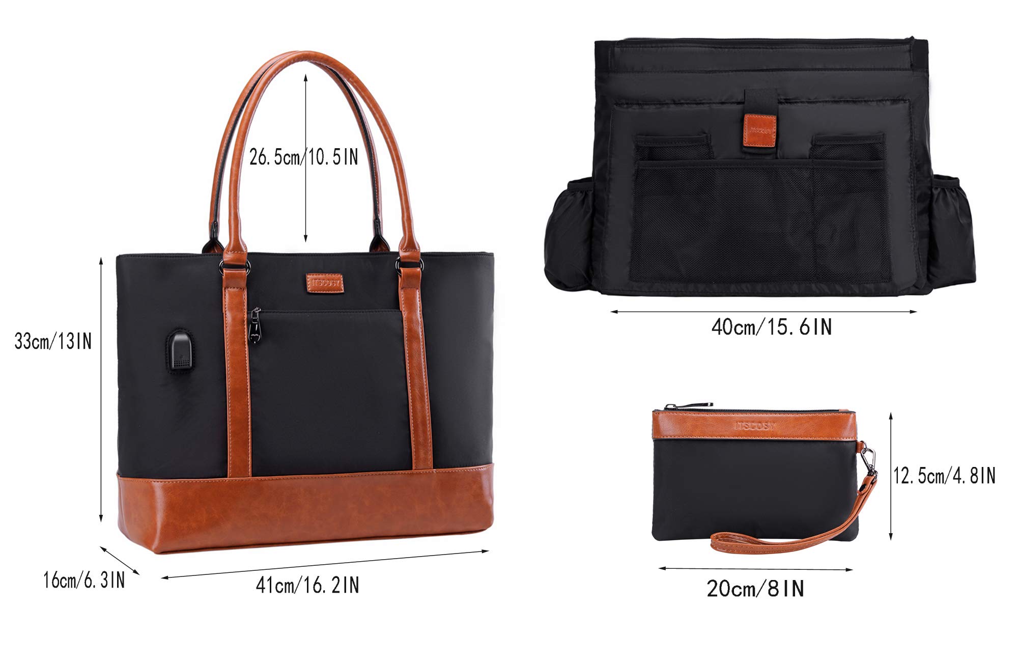 15.6 USB Laptop Tote Bag: Waterproof with 15 Pockets Large Work Bag Teacher Bag Fits 15.6 inch Laptop for women with Purse