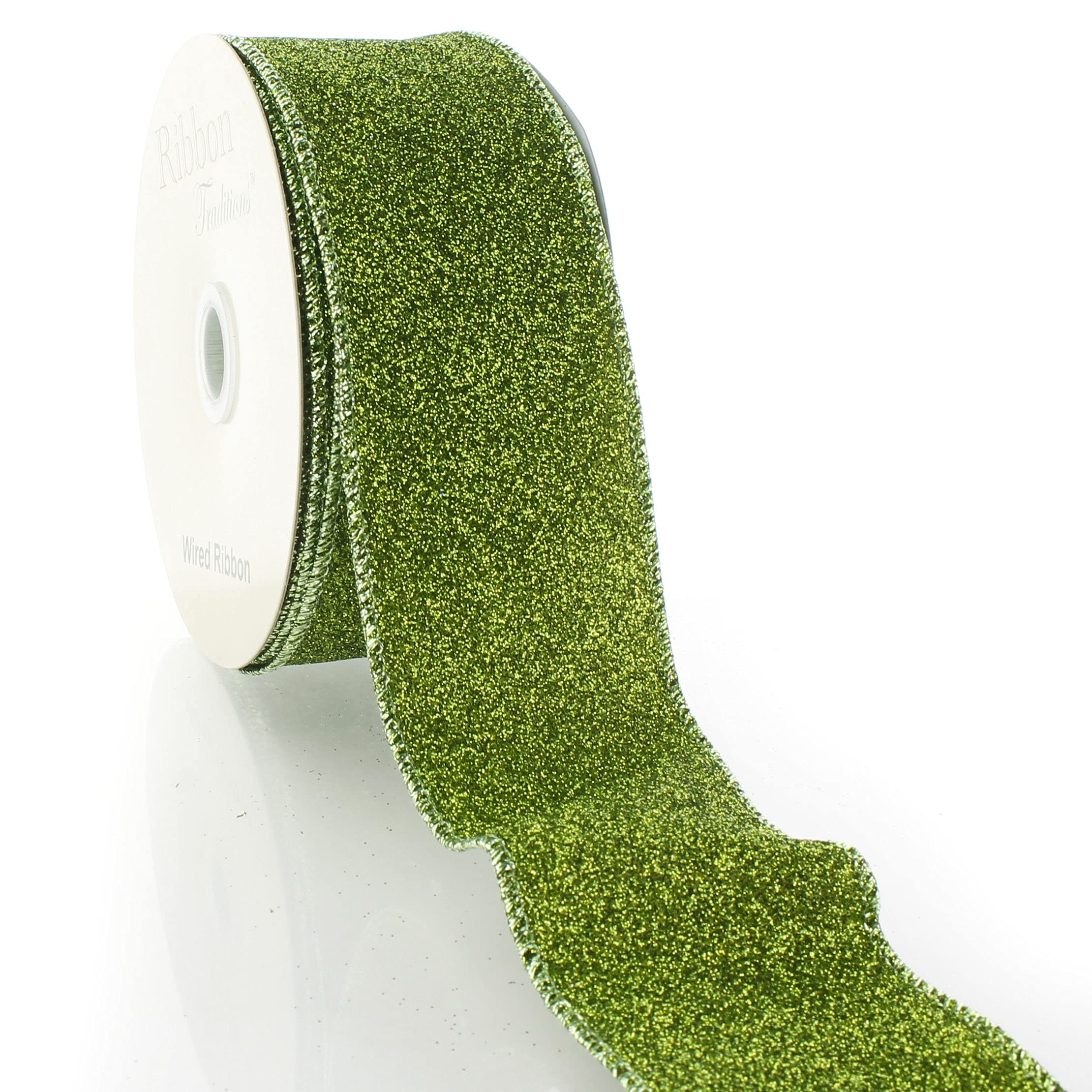 Ribbon Traditions 2 1/2" Wired Glitter Ribbon Chartreuse - 10 Yards