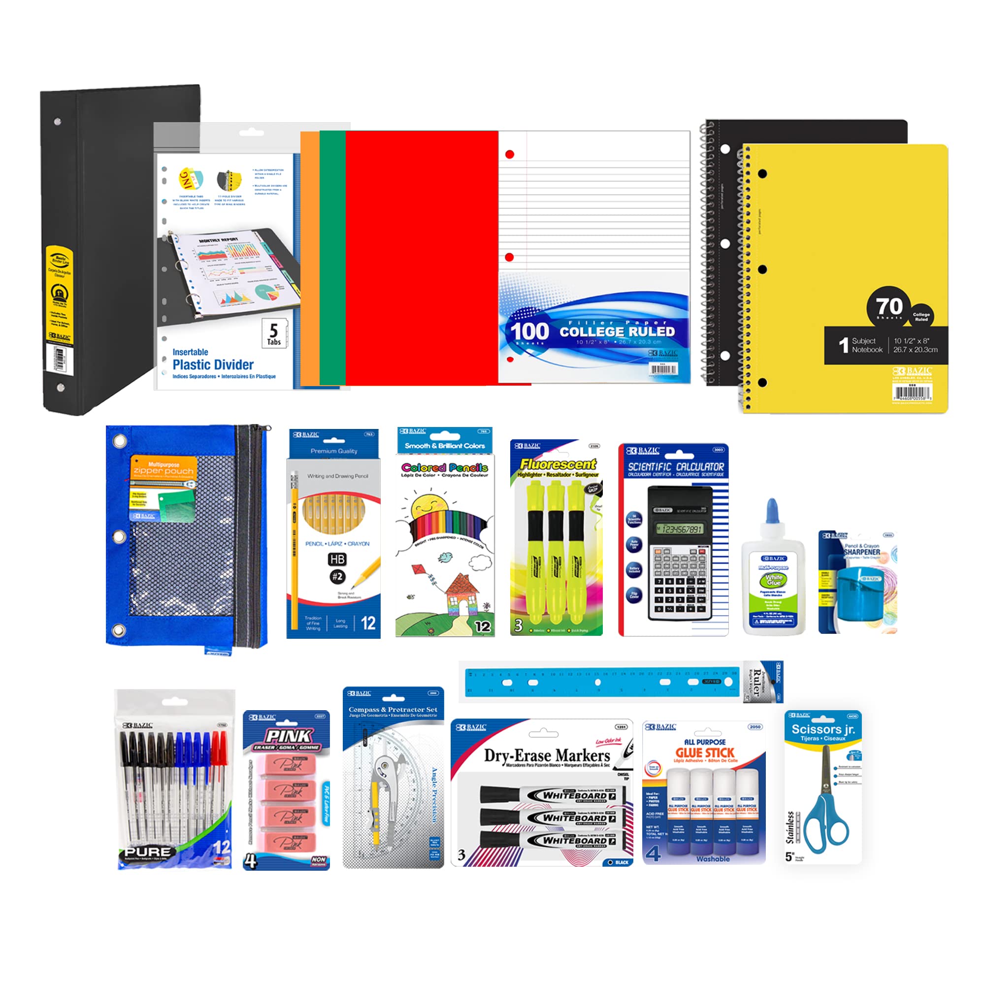 BAZIC Elementary School Kit Supply Box 86 Count for Elementary Student 3-6 Grades, Composition Book Ruler, Color May Vary, 1-Pack