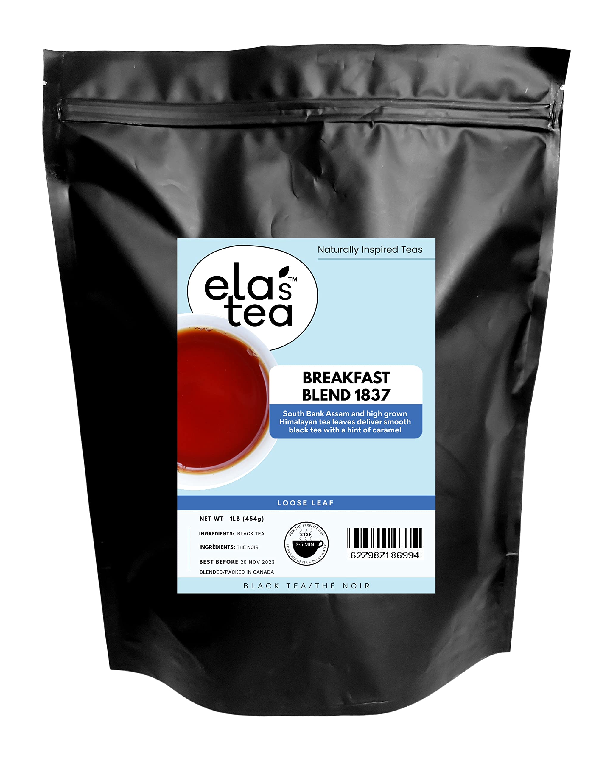 Ela's Tea Breakfast Blend 1837 | 1 Pound of Premium Loose Leaf Black Tea | Darjeeling and Assam Leaves | Hot or Cold Tea with Hints of Caramel and Floral Top Notes | 120 Cups Brewed (1 pound)