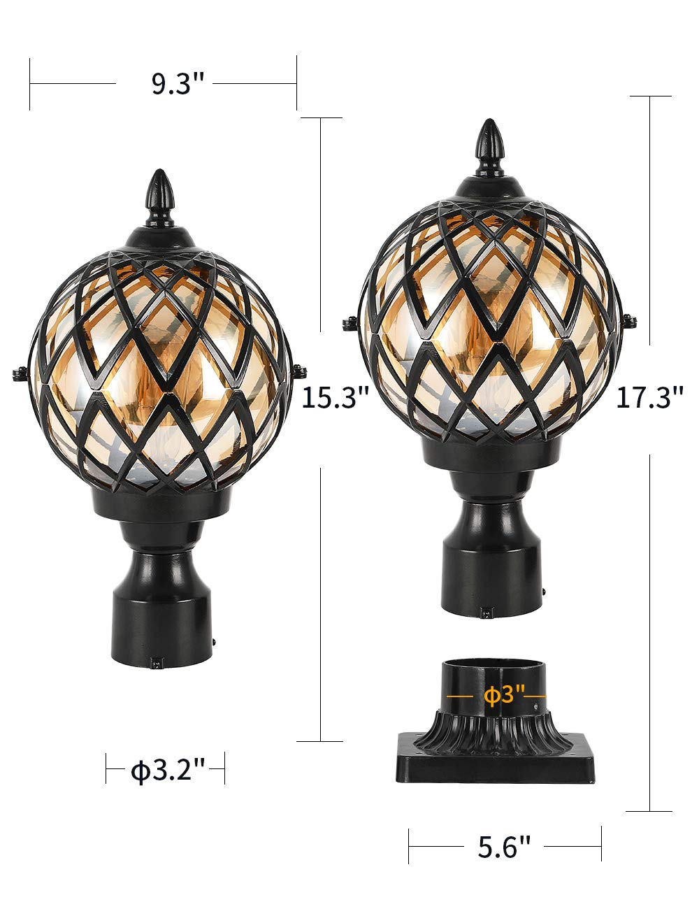 N / A EREBJENH Designer Outdoor Post Light Fixture with 3-Inch Pier Mount IP65 Waterproof E26 Bulb Base Clear Glass Shade Exterior Post Lighting,1-Light House Exterior Pillar Pole Lantern,Black