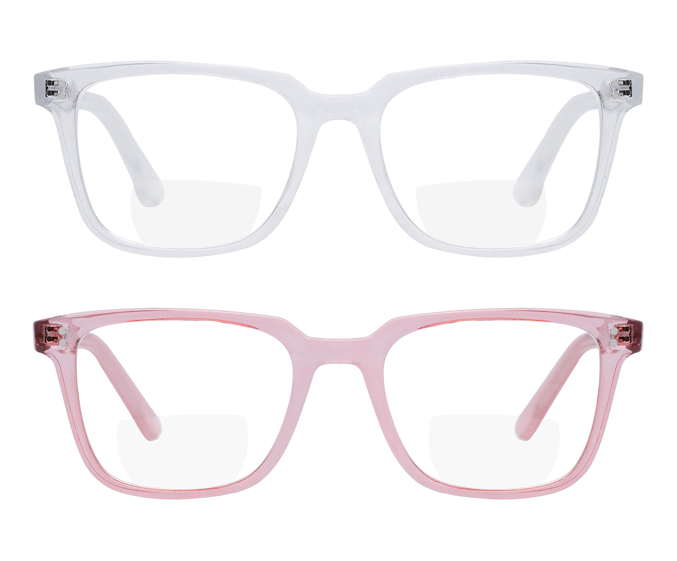 Yogo Vision 2 Pack Bifocal Reading Glasses Readers for Men Women Anti Glare Lightweight Eyeglasses Transparent Clear/Transparent Pink 1.5