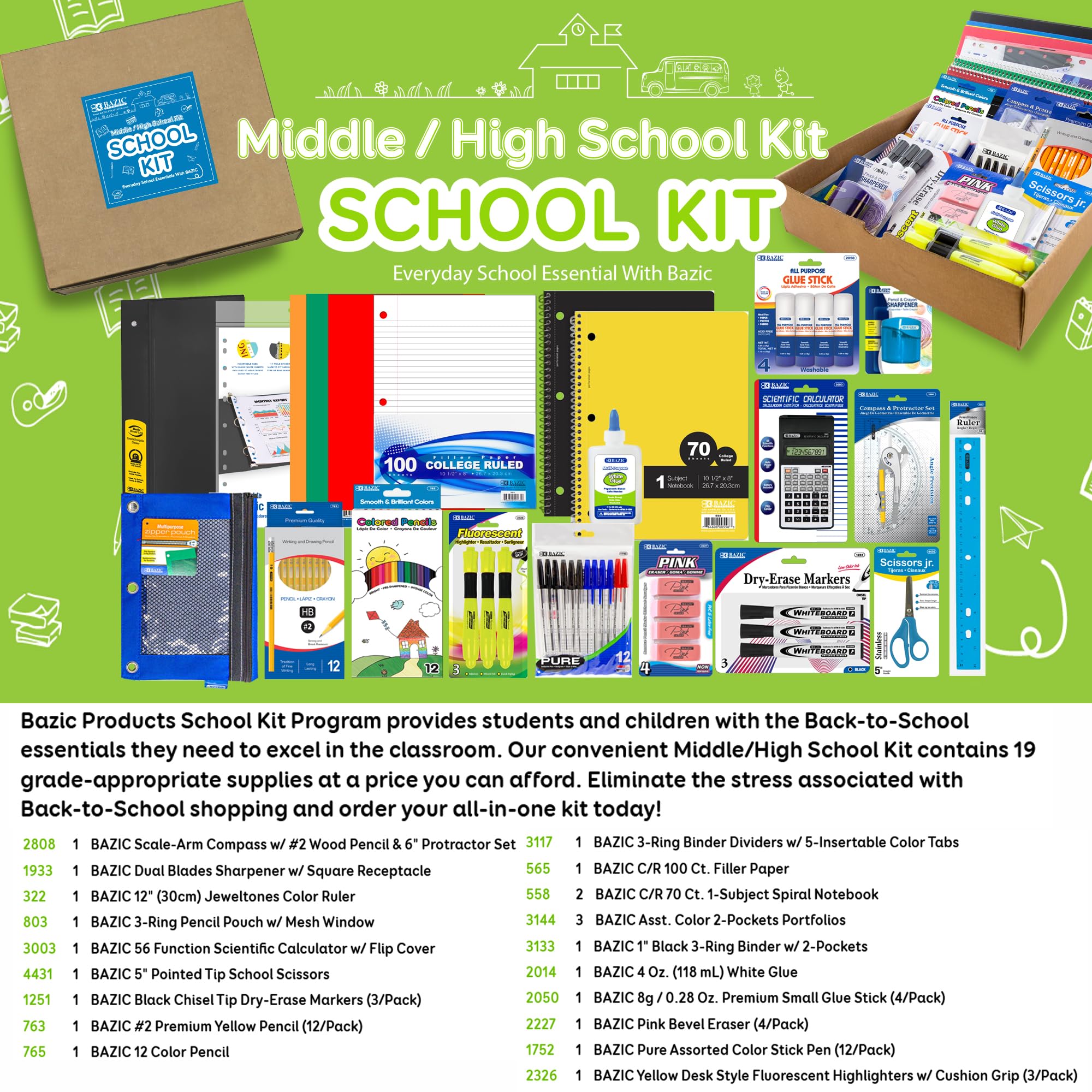 BAZIC Elementary School Kit Supply Box 86 Count for Elementary Student 3-6 Grades, Composition Book Ruler, Color May Vary, 1-Pack
