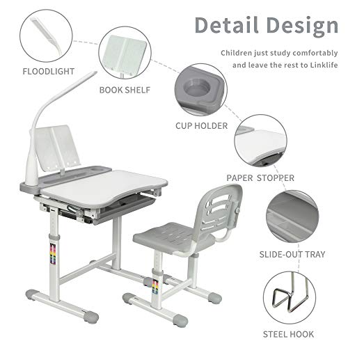 Gowxil Kids Study Desk and Chair Set, Multi Functional Height Adjustable Children School Study Desk with Tilt Desktop, Bookstand, LED Light, Metal Hook and Storage Drawer for Boys Girls, Grey