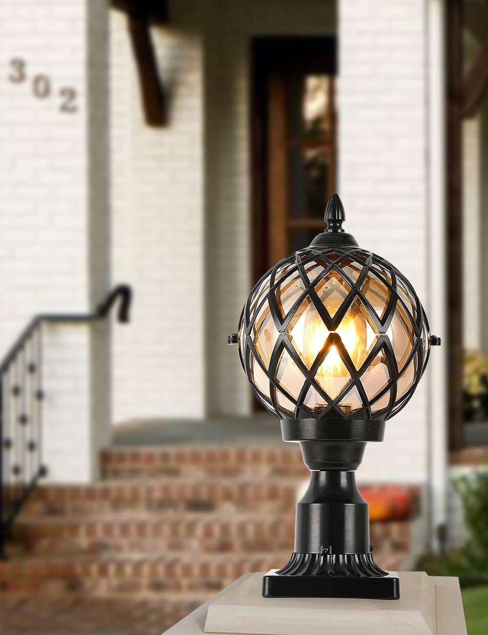 N / A EREBJENH Designer Outdoor Post Light Fixture with 3-Inch Pier Mount IP65 Waterproof E26 Bulb Base Clear Glass Shade Exterior Post Lighting,1-Light House Exterior Pillar Pole Lantern,Black