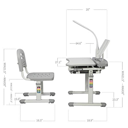Gowxil Kids Study Desk and Chair Set, Multi Functional Height Adjustable Children School Study Desk with Tilt Desktop, Bookstand, LED Light, Metal Hook and Storage Drawer for Boys Girls, Grey