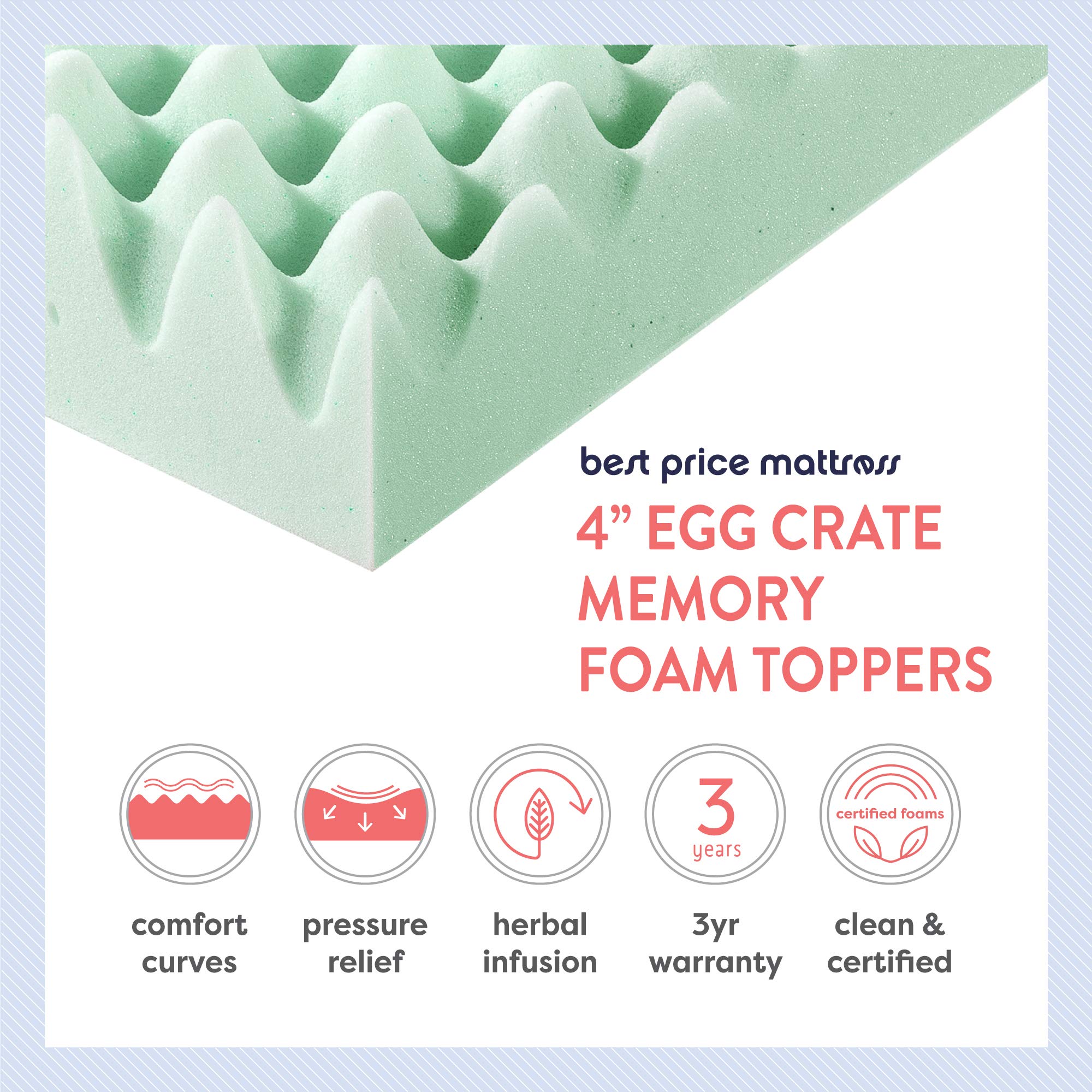 Best Price Mattress 4 Inch Egg Crate Memory Foam Mattress Topper with Calming Aloe Infusion, CertiPUR-US Certified, Short Queen