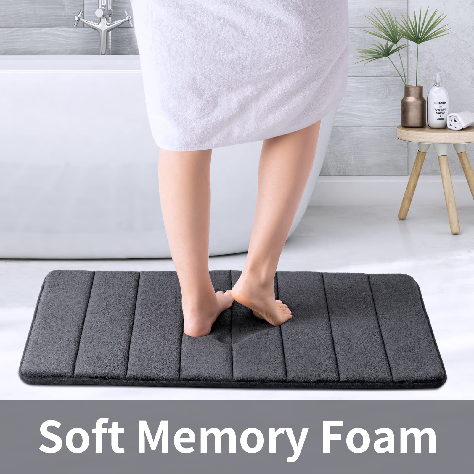 ROSMARUS Memory Foam Bath Mat 20β x 32β, Water Absorbent Shower Mat, Thick Bath Rugs for Bathroom Non Slip with PVC Backing, Ultra Soft Bathroom Rugs for Bathroom Floor & Tub, Charcoal Gray