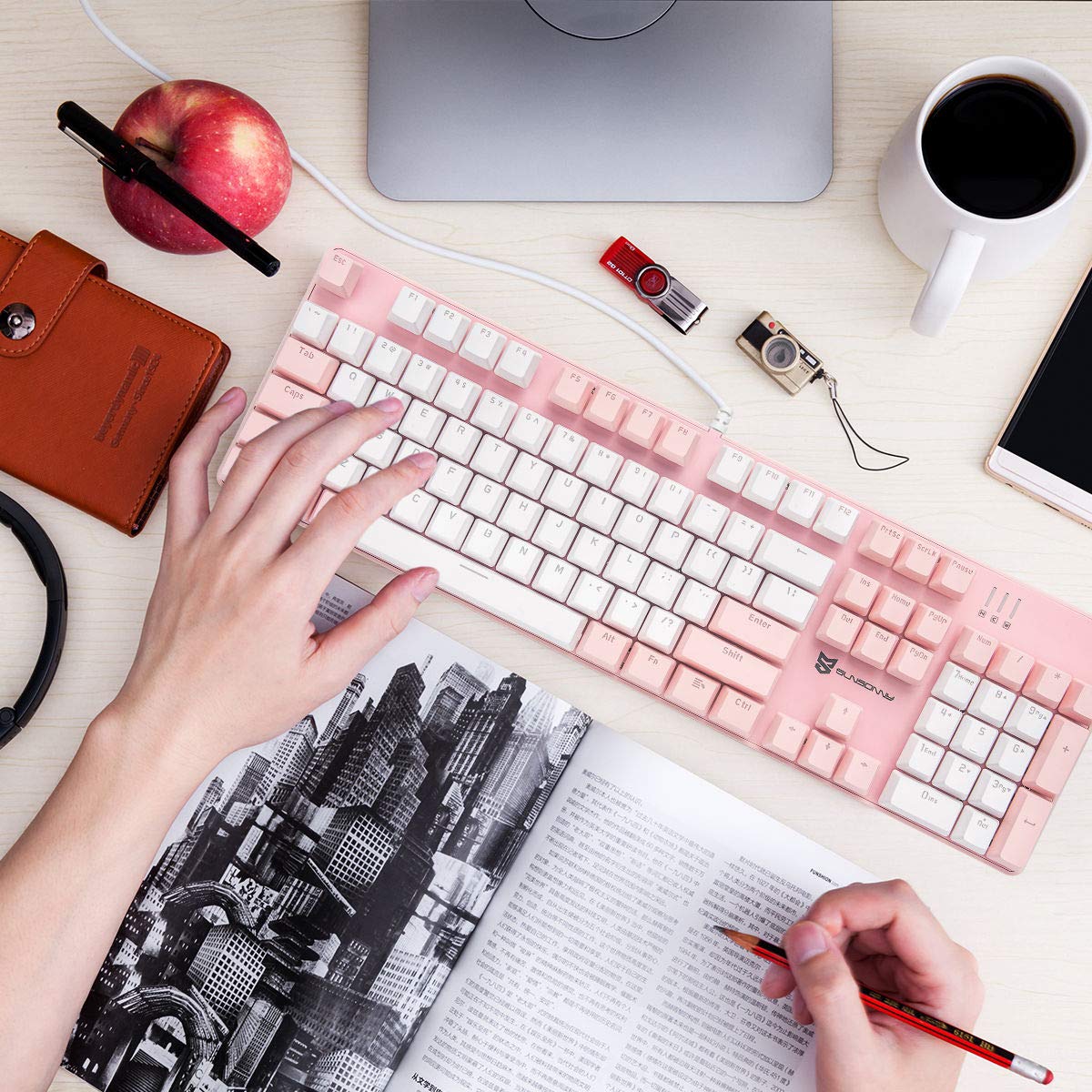 Wired Mechanical Gaming Keyboard | Brown Switch PC Gaming Keyboard | 104 Keys US Layout | Wired Gaming Keyboard | Hot Swappable Mechanical Keyboard | Silent Mechanical Keyboard | Pink & White Combo