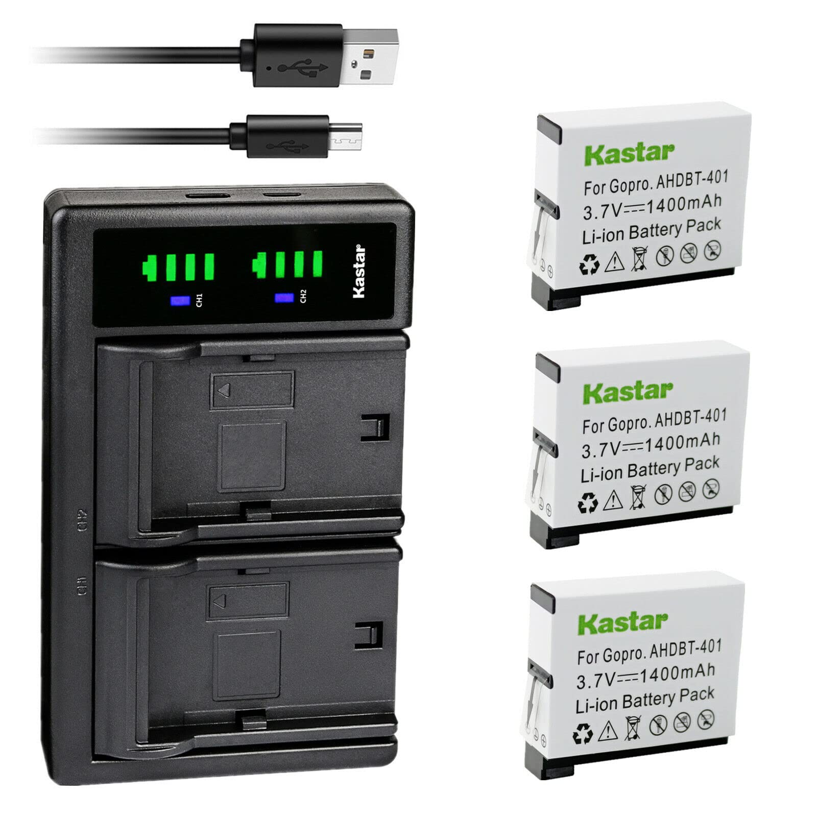 Kastar 3-Pack Battery and LTD2 USB Charger Replacement for Gopro AHDBT-401, AHBBP-401 Action Sport Camera, HERO4 Black, Hero 4 HD Black, HERO4 Silver, Hero 4 HD Silver Action Sport Camera
