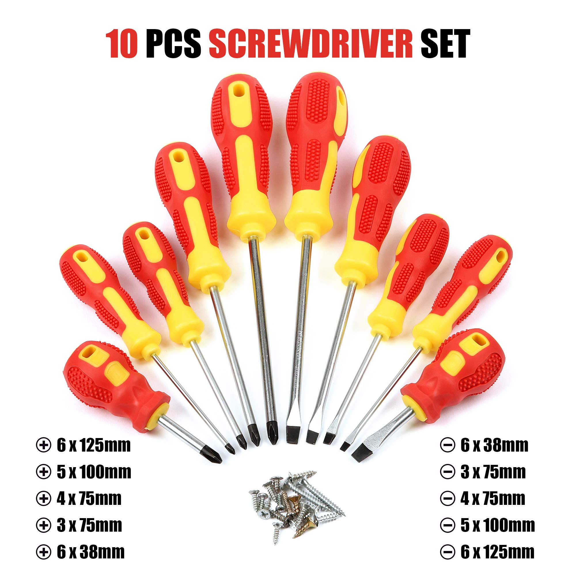 VHEONET Magnetic Screwdriver Sets 10 PCS,Craftsman Screwdriver Set with Bag,Flat Head Phillips Screwdriver, Non-Slip Cushion Grip for Repair Home Improvement,Red & Yellow