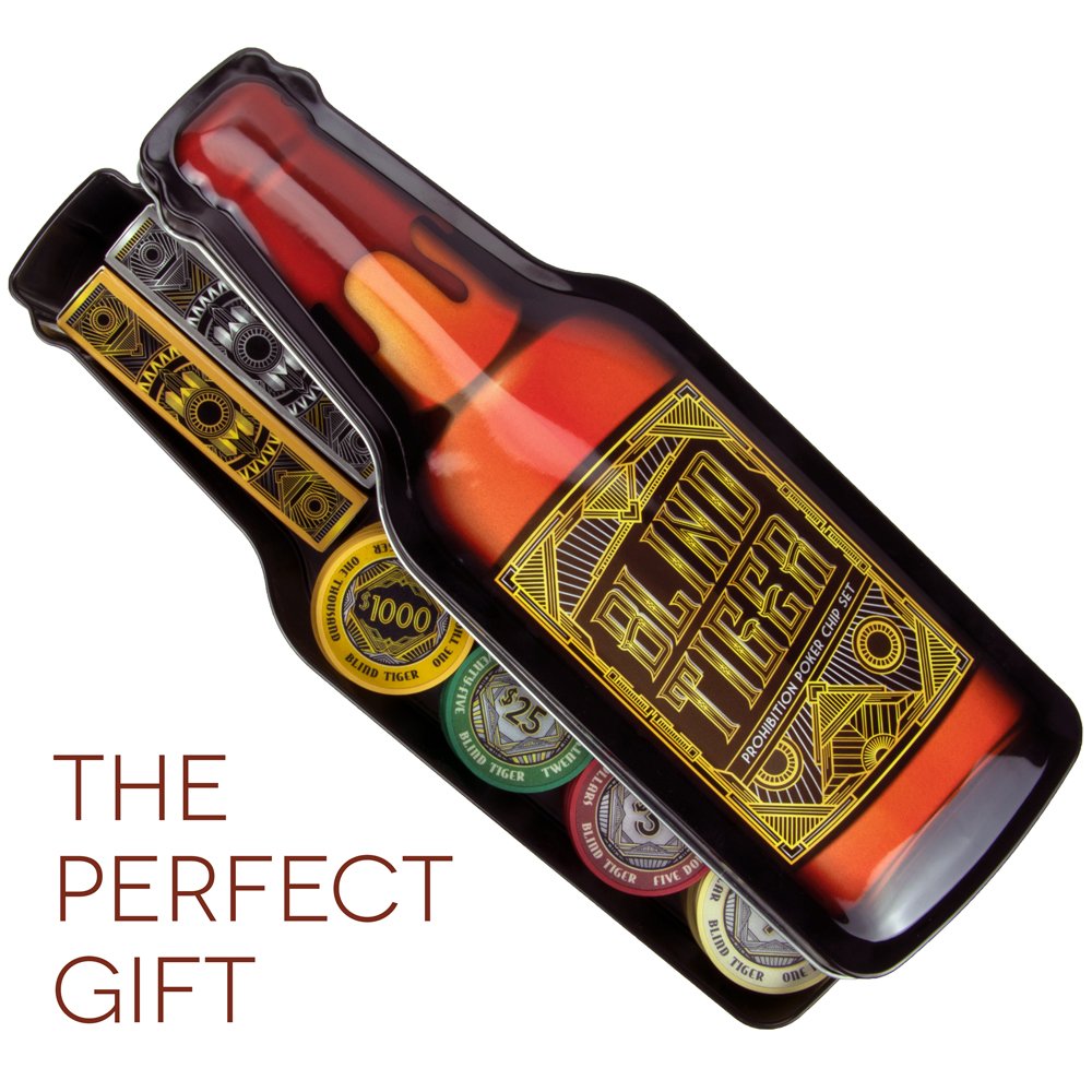 Beers & Bluffs & Blind Tiger, 2 Pack - Alcohol and Gangster 200 Denominated Poker Chip Sets & Playing Cards in Bottle Shaped Tin Case - Las Vegas Casino & Prohibition Theme Novelty Gift Box