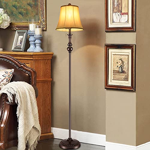 LINNMON Floor Lamp, Corner Standing Lamp, Vintage Pole Lamp with Light Golden Fabric Shade, Rustic Tall Stand Up Lamp for Living Room, Bedroom, Office, Bright Floor Lamp with Pull Switch (Classic)