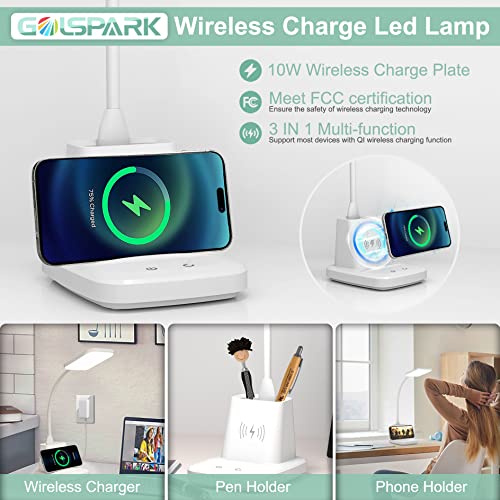 GOLSPARK Desk Lamp with Wireless Charger, Eye-Caring LED Desk Lamps for Home Office, Touch White Small Desk Light Dimming 3 Colors, 800LM, Gooseneck Study Lamp with Pen Holder for College Dorm Room