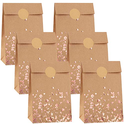 Cooraby 30 Pieces Kraft Paper Bronzing Rose Gold Bags with 48 Stickers Candy Gift Paper Bags for Wedding, Birthday, Tea Party, Gift, and Party Celebrations