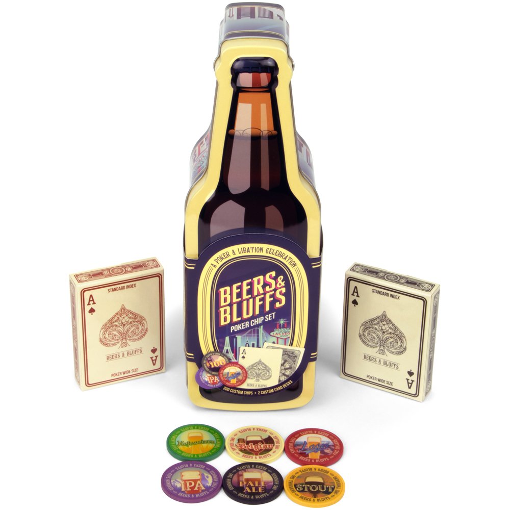 Beers & Bluffs & Blind Tiger, 2 Pack - Alcohol and Gangster 200 Denominated Poker Chip Sets & Playing Cards in Bottle Shaped Tin Case - Las Vegas Casino & Prohibition Theme Novelty Gift Box