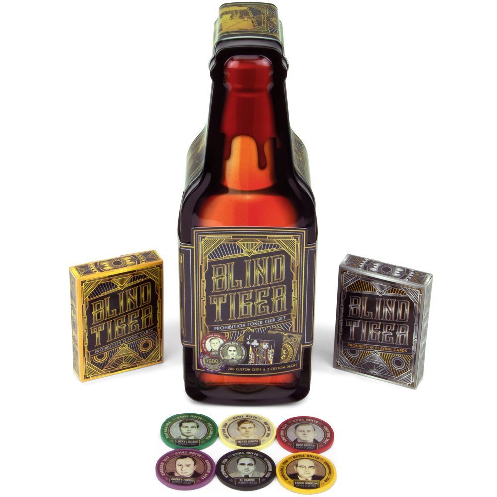 Beers & Bluffs & Blind Tiger, 2 Pack - Alcohol and Gangster 200 Denominated Poker Chip Sets & Playing Cards in Bottle Shaped Tin Case - Las Vegas Casino & Prohibition Theme Novelty Gift Box