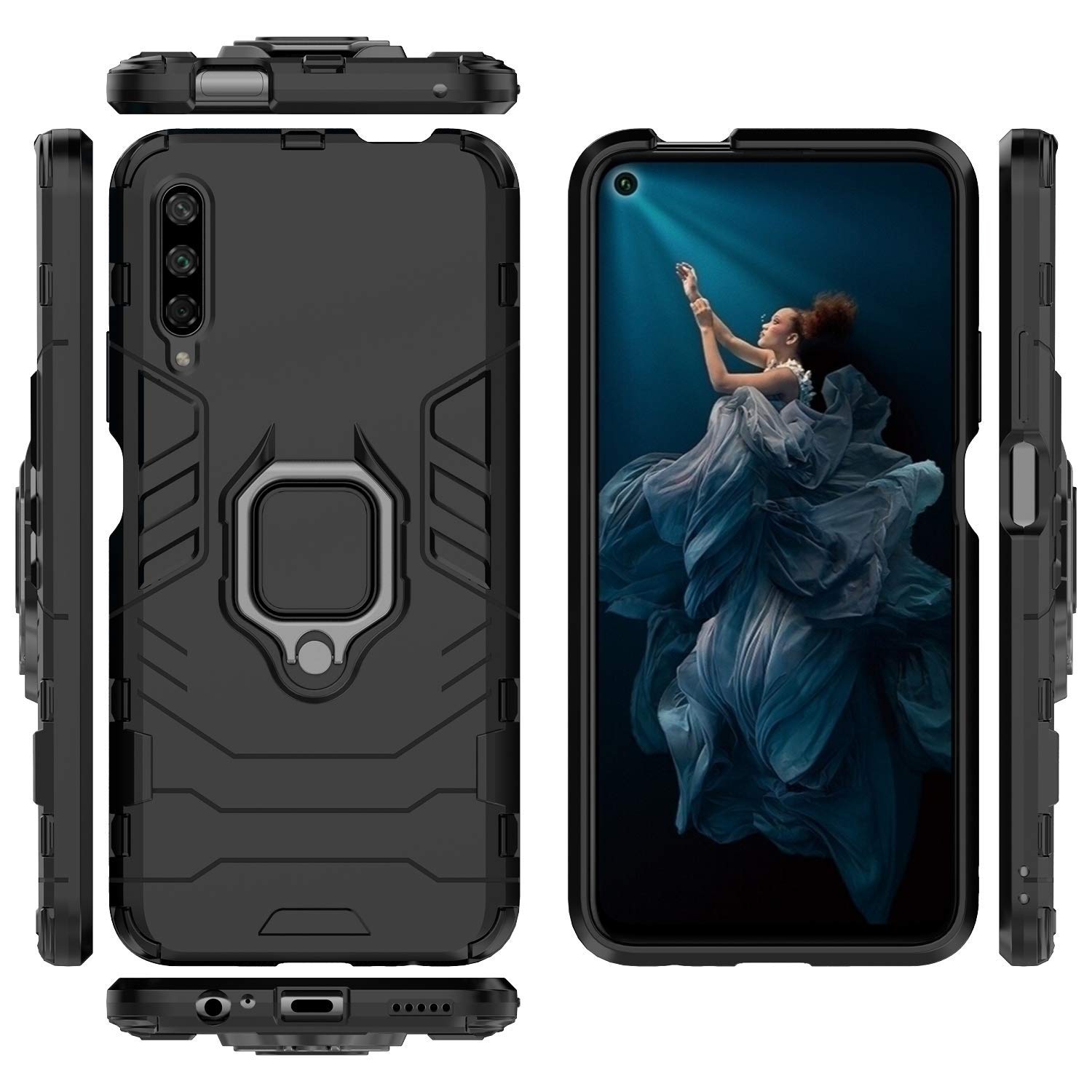 QiongNi Case Cover for Huawei Y9s 2019, 360 Rotating Ring Holder Kickstand with Magnetic Car Mount, Black