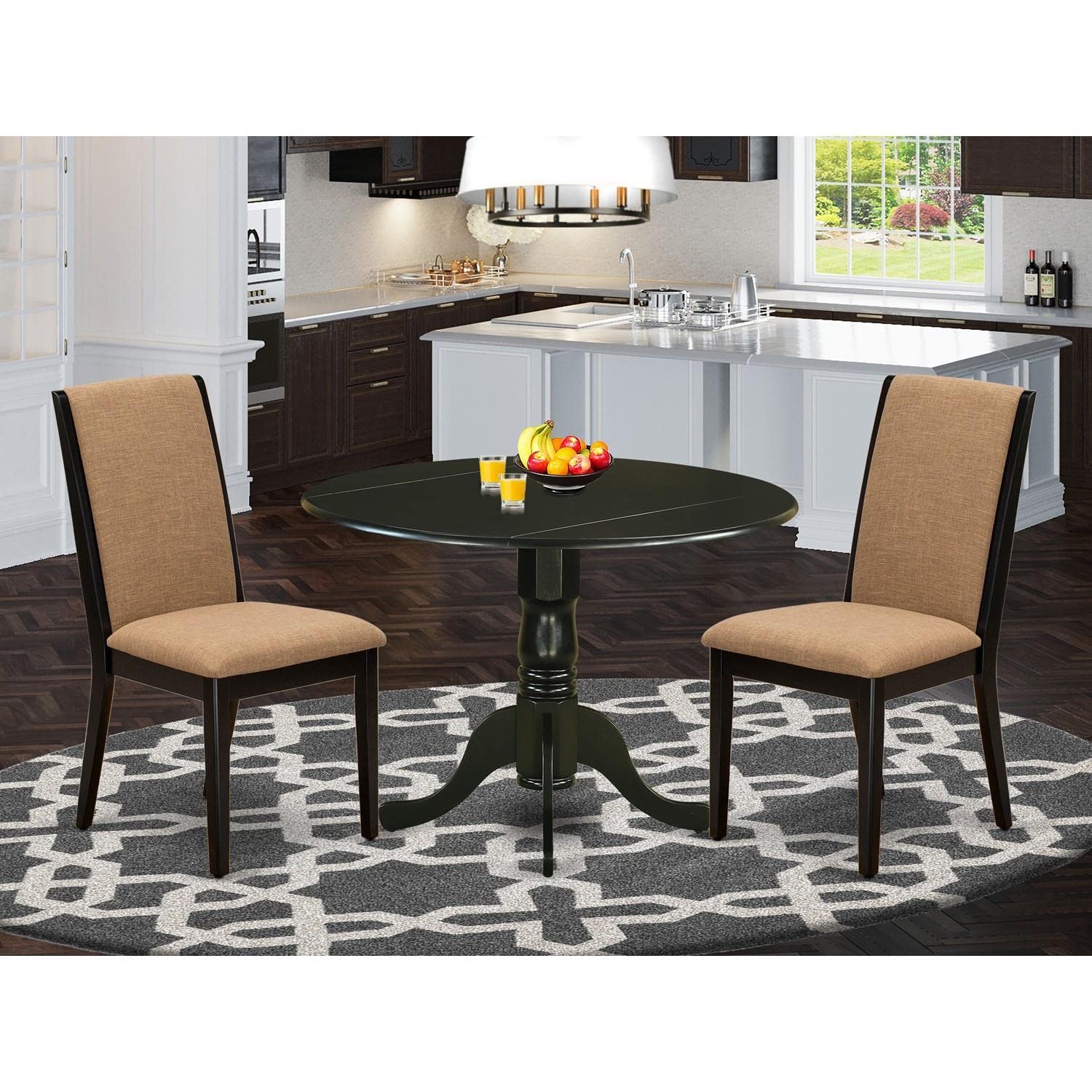 East West Furniture DLLA3-BLK-47 3 Piece Dining Table Set Contains a Round Dining Room Table with Dropleaf and 2 Light Sable Linen Fabric Upholstered Chairs, 42x42 Inch, Black