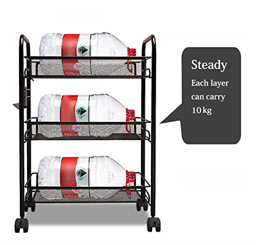 Rolling Storage Cart 3-Tier Metal Mesh Basket Shelves Organizer with Wheels for Home,Office,Kitchen,Bathroom,Bedroom(Black)