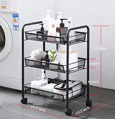Rolling Storage Cart 3-Tier Metal Mesh Basket Shelves Organizer with Wheels for Home,Office,Kitchen,Bathroom,Bedroom(Black)