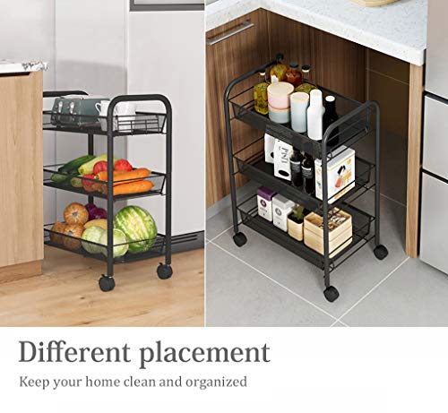 Rolling Storage Cart 3-Tier Metal Mesh Basket Shelves Organizer with Wheels for Home,Office,Kitchen,Bathroom,Bedroom(Black)