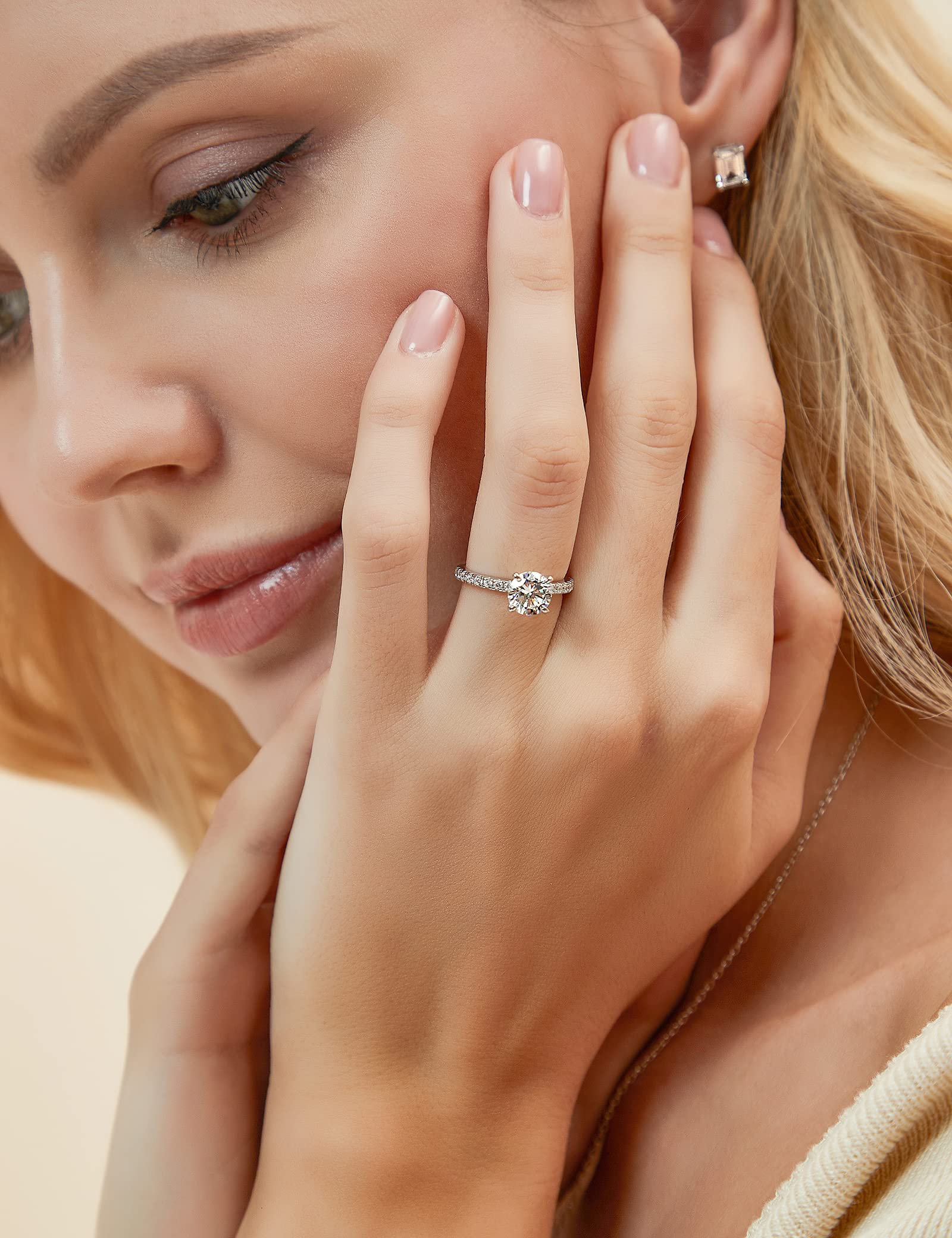 EAMTI 925 Sterling Silver 1.25 CT Round Solitaire Cubic Zirconia Engagement Ring Halo Promise Ring Size 7.5