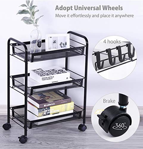 Rolling Storage Cart 3-Tier Metal Mesh Basket Shelves Organizer with Wheels for Home,Office,Kitchen,Bathroom,Bedroom(Black)