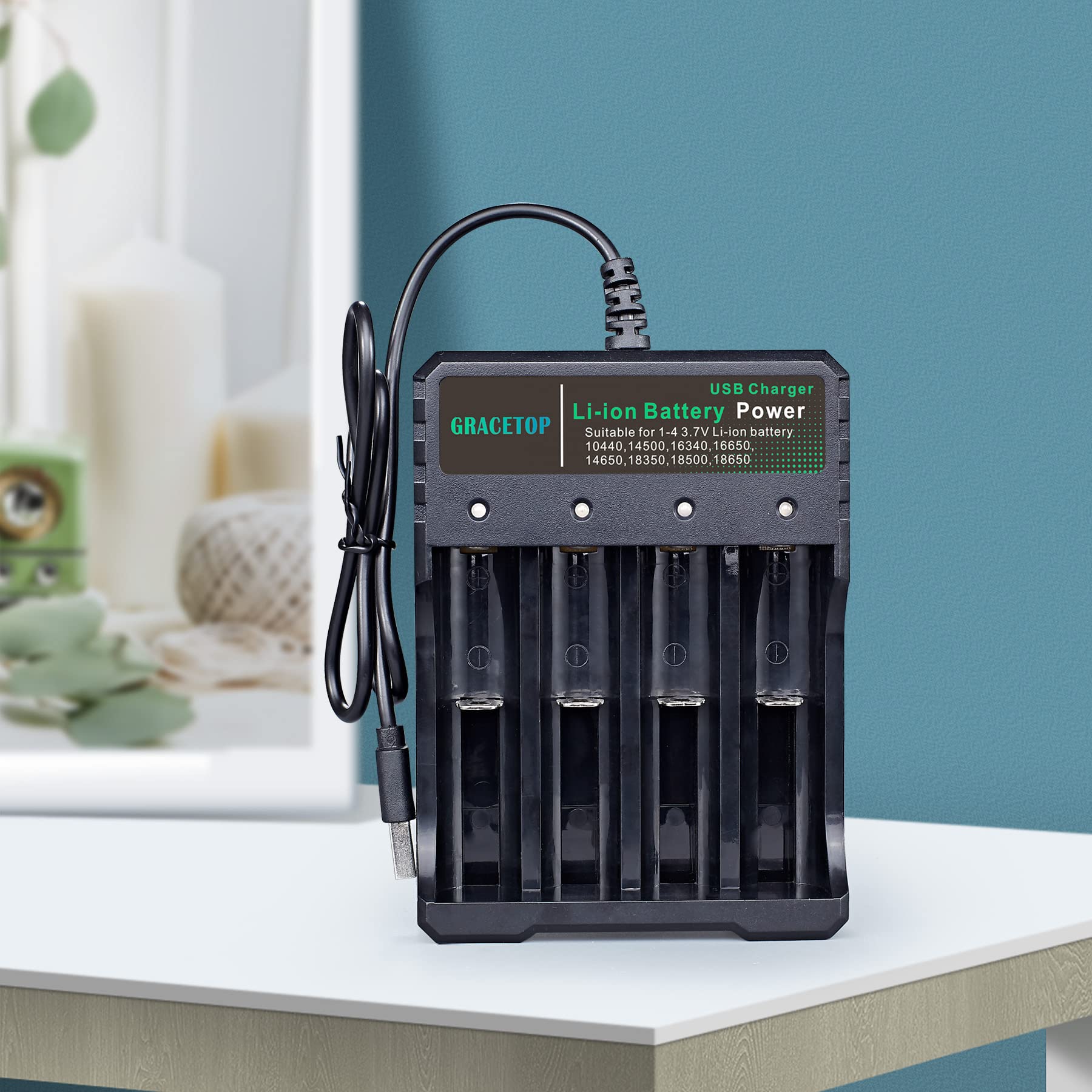 18650 Battery Charger 4-Bay 5V/2A for Rechargeable Batteries 3.7V Li-ion TR IMR 18650 18500 14500 16340(RCR123) Red/Green Display (Not Battery)