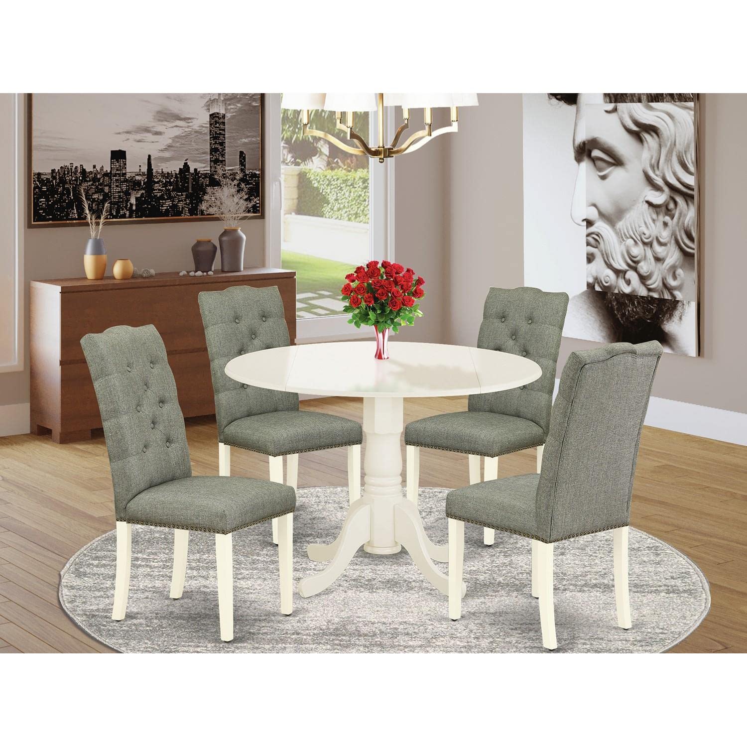 East West Furniture DLEL5-WHI-07 5 Piece Dining Room Table Set Includes a Round Dining Table with Dropleaf and 4 Gray Linen Fabric Upholstered Parson Chairs, 42x42 Inch, Linen White